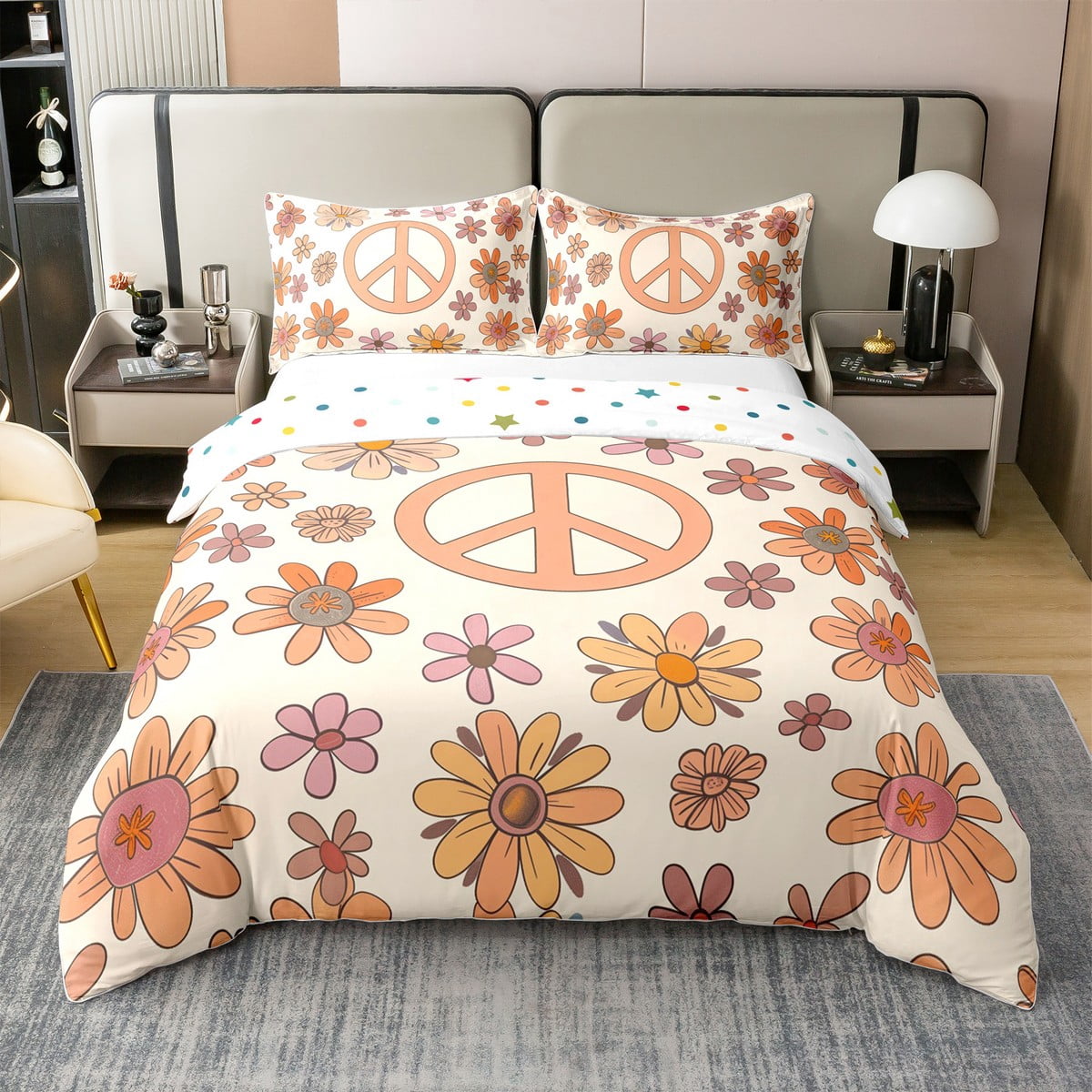 Retro 60S 70S Floral King Comforter Cover,Hippie Groovy Flower Women ...