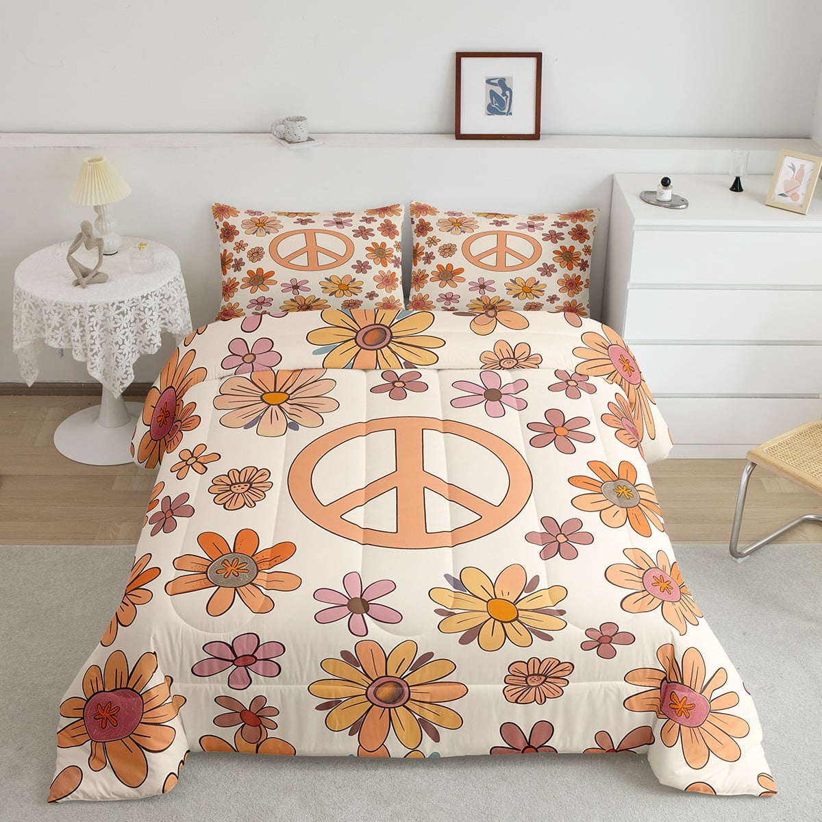 Retro 60S 70S Floral Queen Bedding Set,Hippie Groovy Flower Women ...
