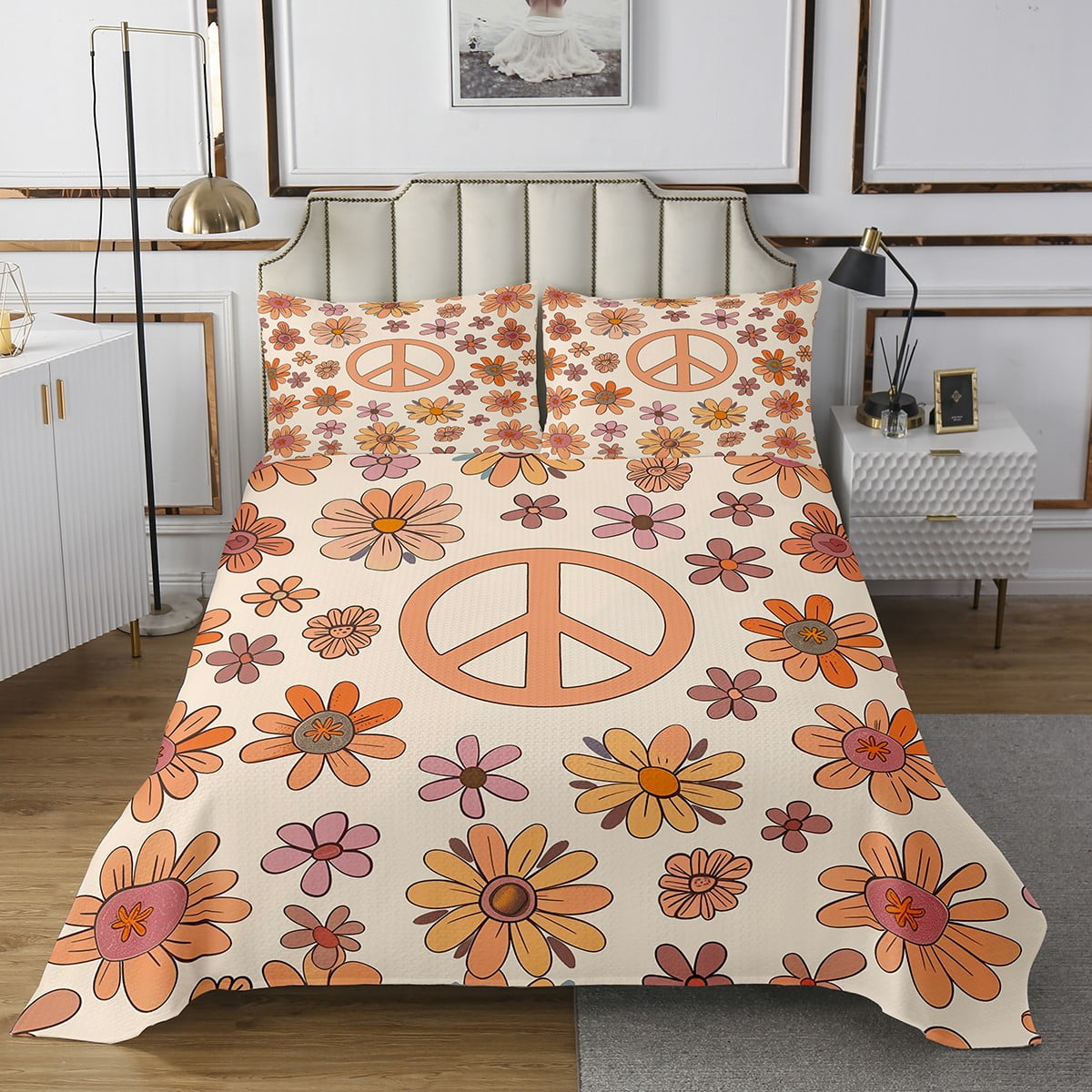 Retro 60S 70S Floral Twin Bedspread Set,Hippie Groovy Flower Women ...
