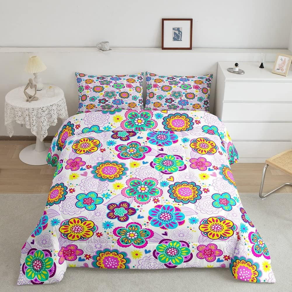 Retro 60s 70s Groovy Flower Comforter Set Full,Rustic Psychedelic ...