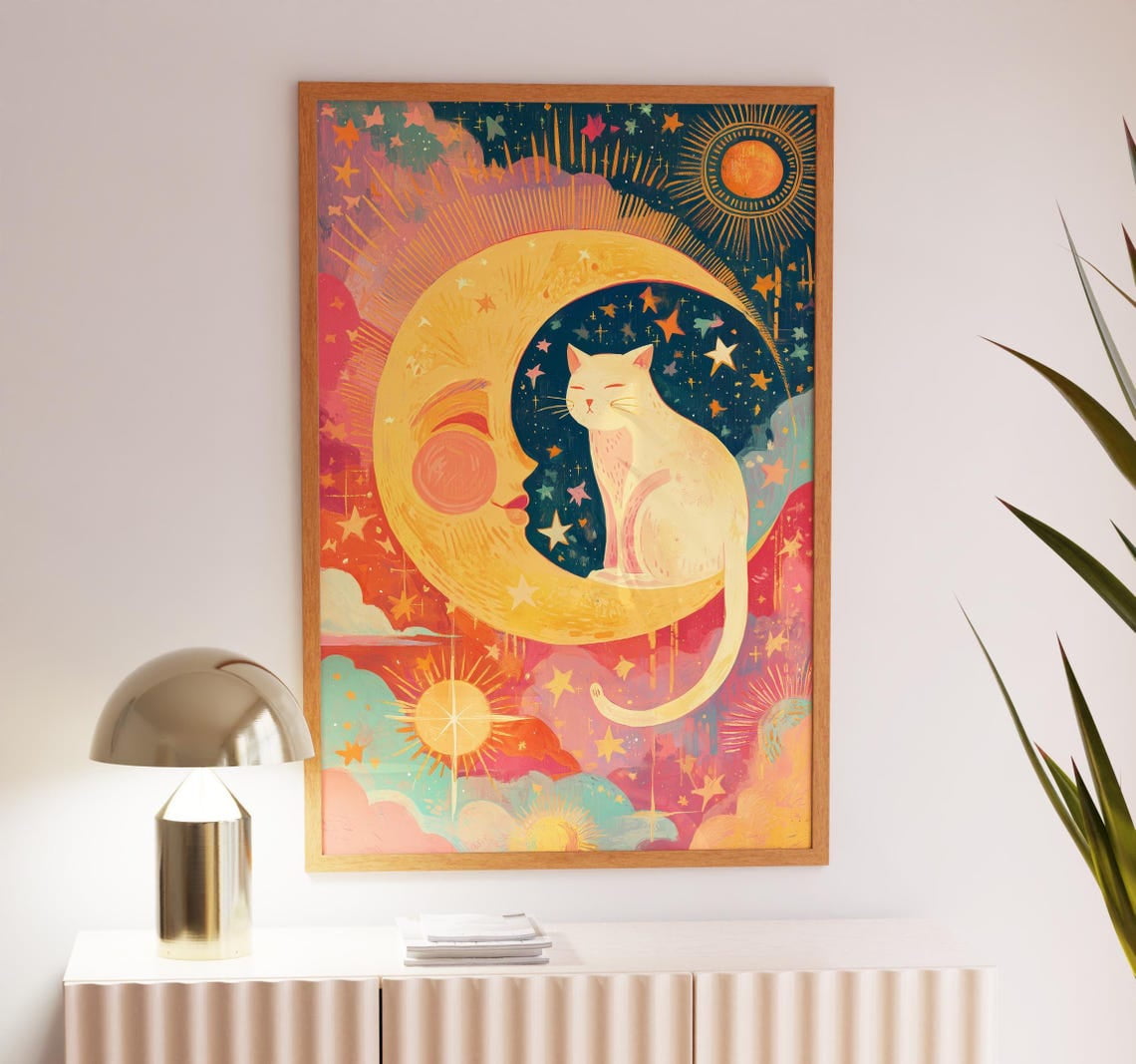 Retro 70S Cat Poster, Celestial Wall Art, Colorful Sun And Moon Wall ...