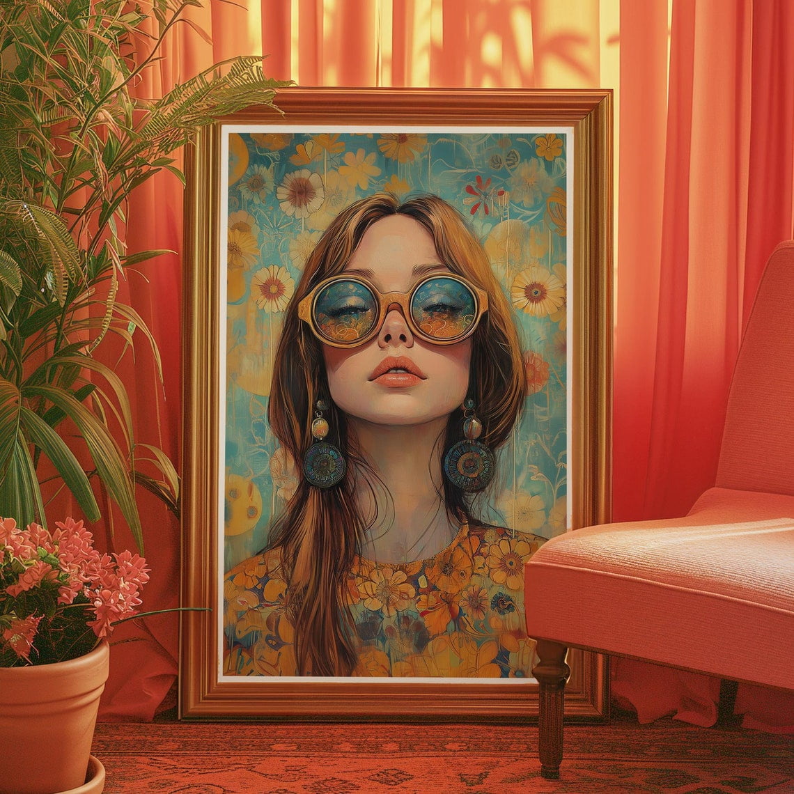 Retro 70S Floral Woman Portrait, 70S Fashion Art, Flower Power Warm ...