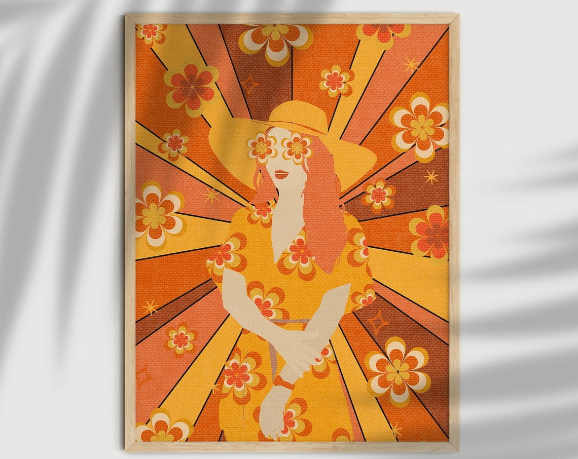 Retro 70S Woman Poster, 70S Colorful Wall Art, 70S Floral Pattern Print ...