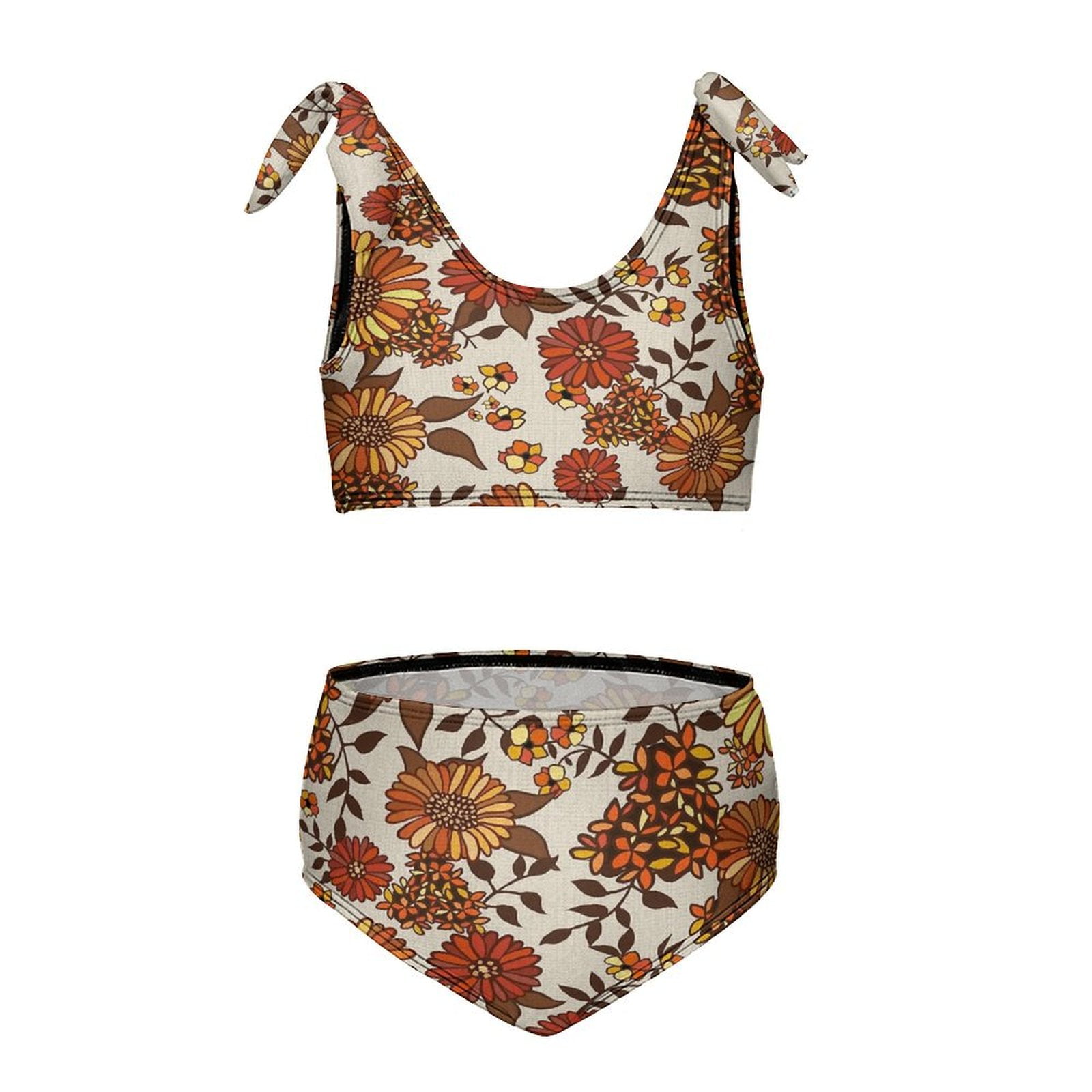 Retro 70s Boho Hippie Orange Flower Girl's 2 Piece Bikini Set Beach ...