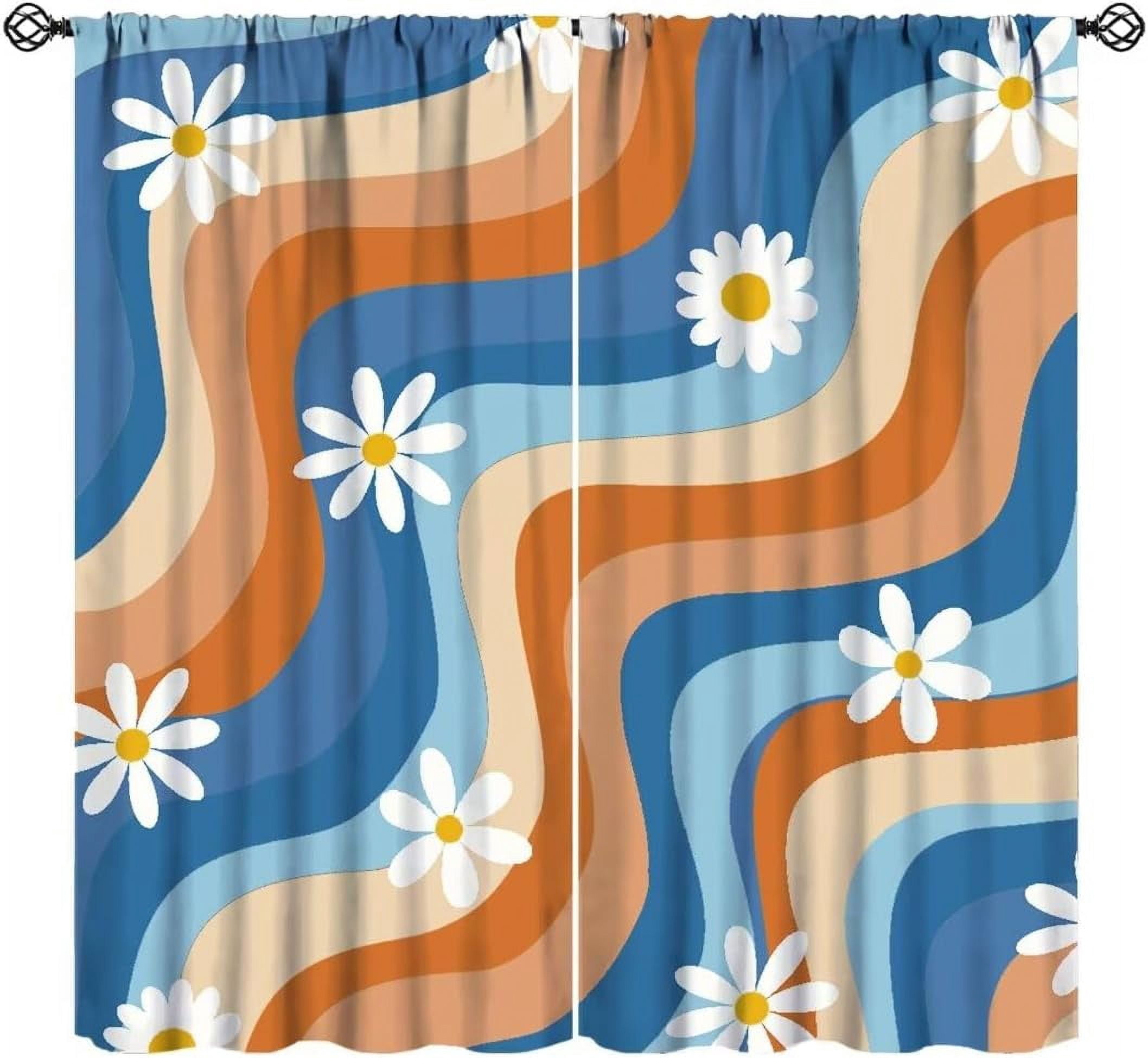Retro 70s Curtains, Vintage Hippie 60s Abstract Flower Daisy Blue ...