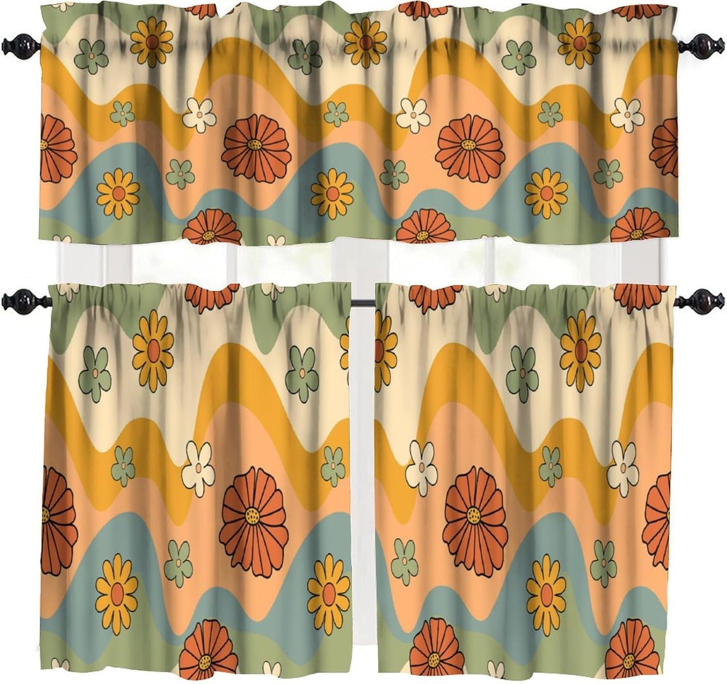 Retro 70s Daisy Floral Valance Curtain Hippie Groovy Waves And Flower ...