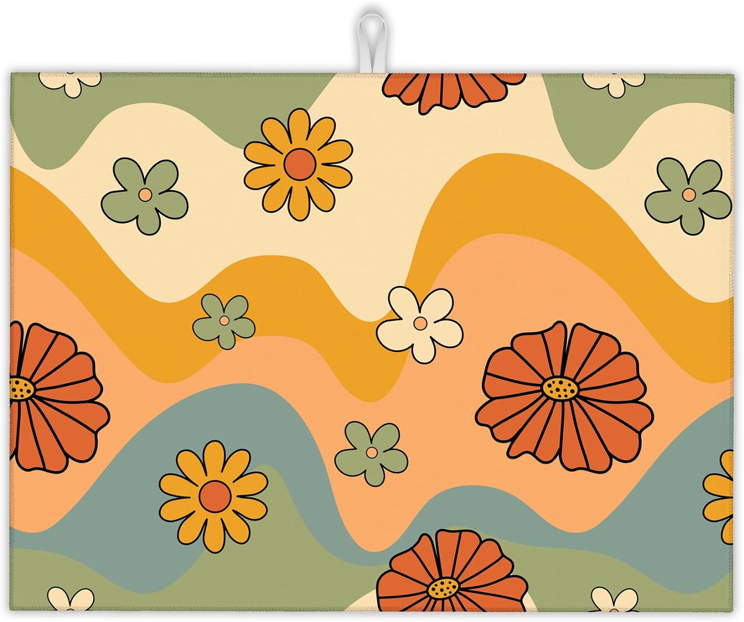 Retro 70s Groovy Waves Dish Drying Rack Mats Decor,Daisy Floral Dish ...