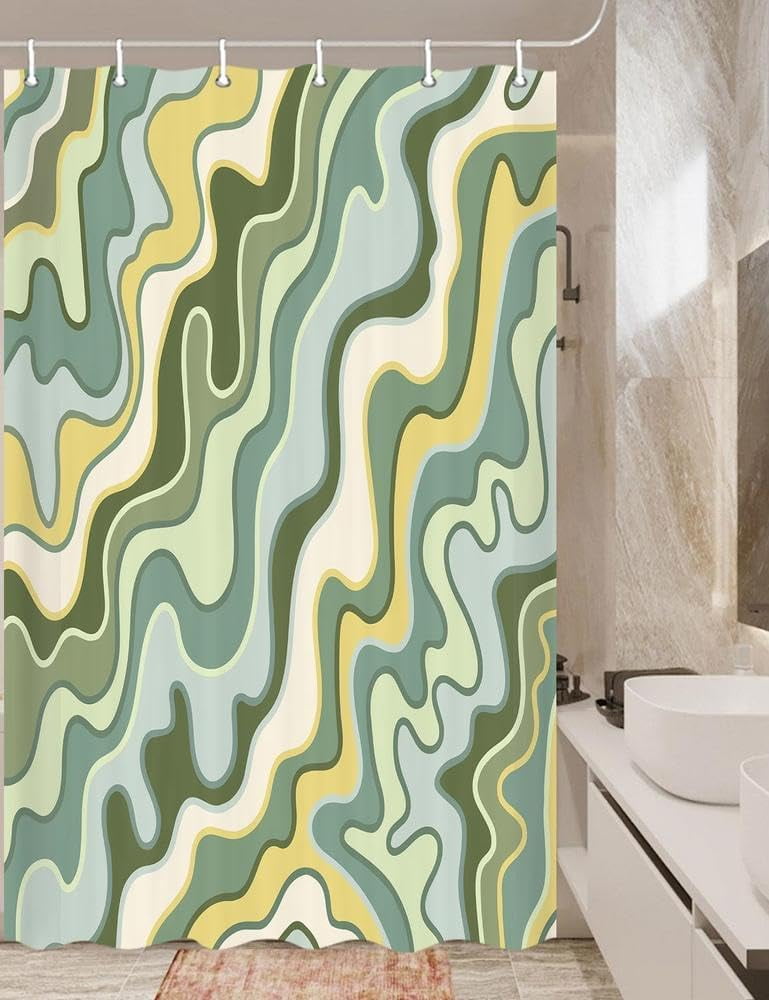 Retro 70s Hippie Shower Curtain Green Teal Groovy Waves Funky Shower