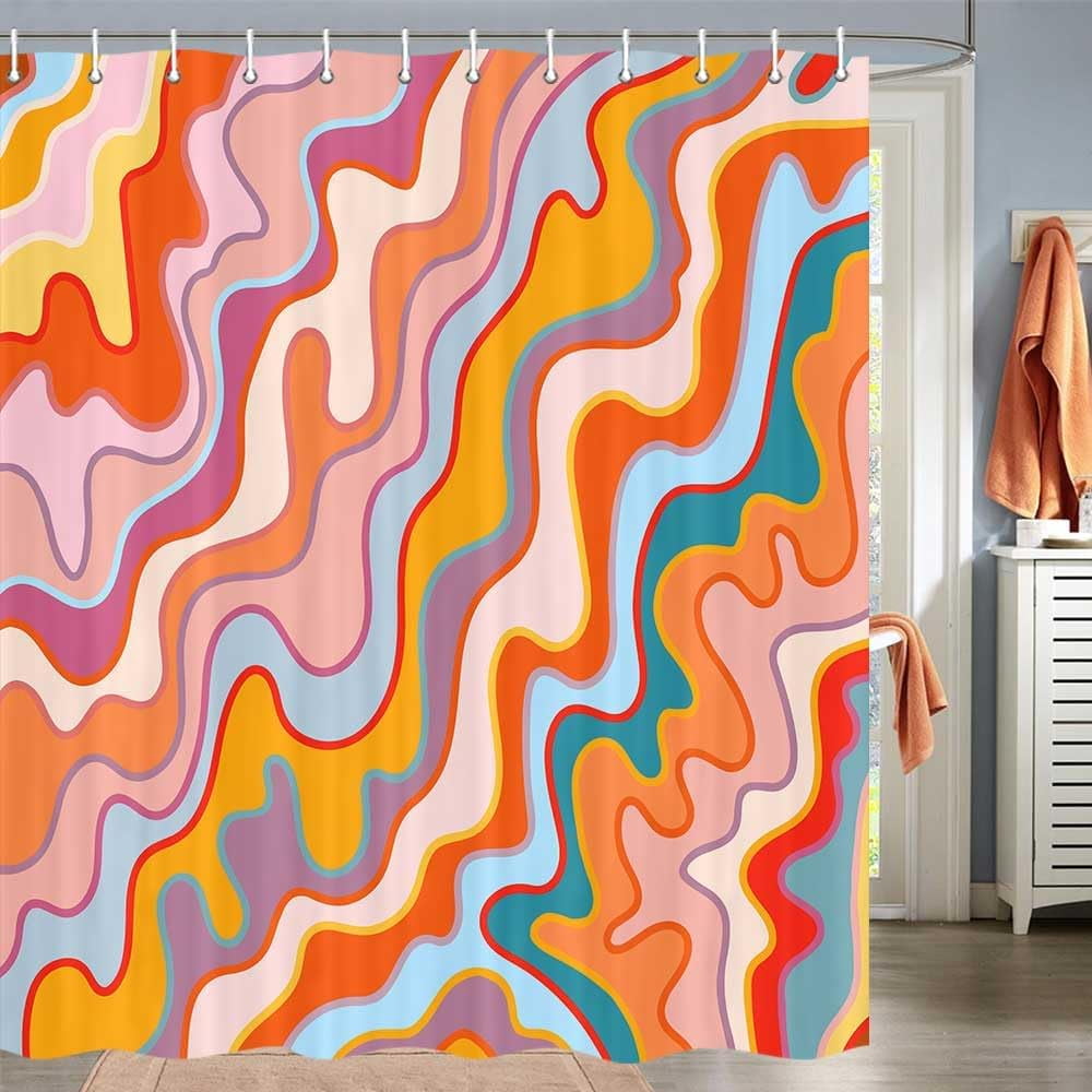 Retro 70s Hippie Shower Curtain Orange Pink Groovy Waves Funky Shower
