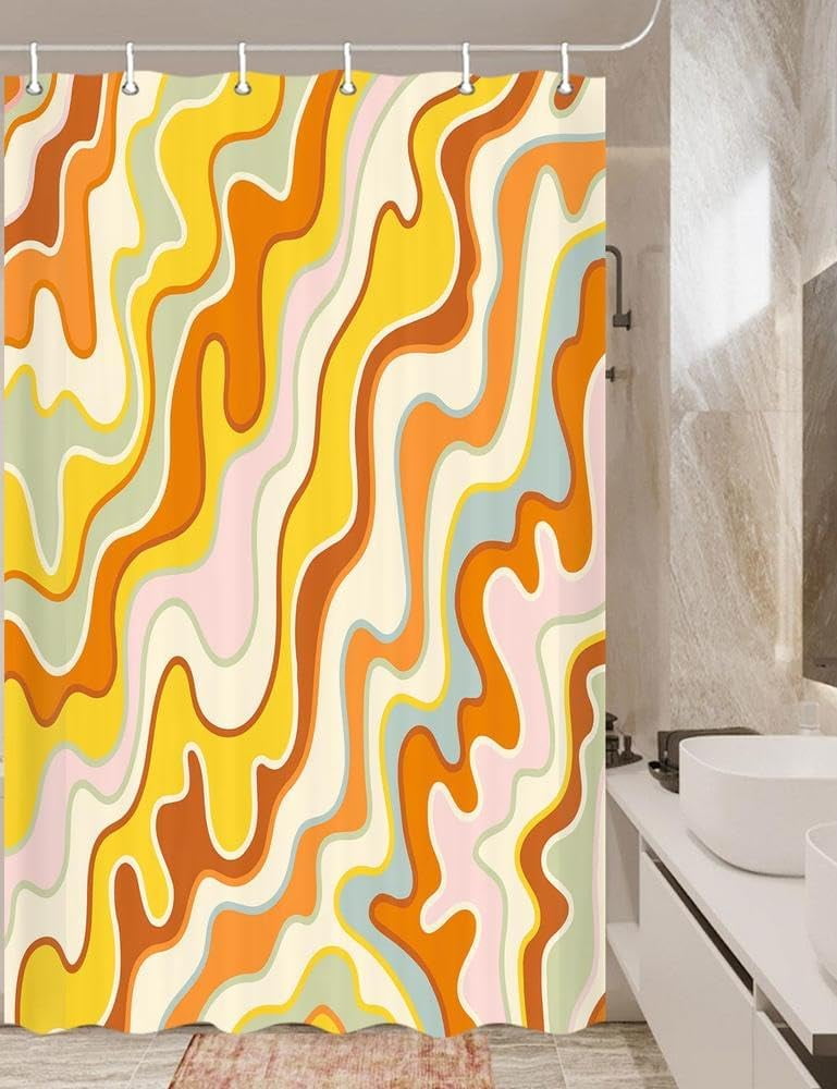 Retro 70s Hippie Shower Curtain Yellow Orange Groovy Waves Funky Shower