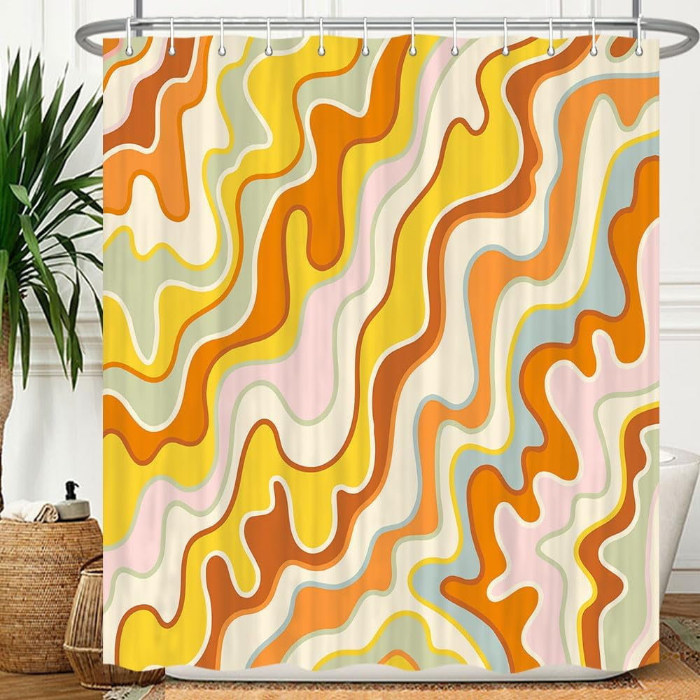 Retro 70s Hippie Shower Curtain Yellow Orange Groovy Waves Funky Shower