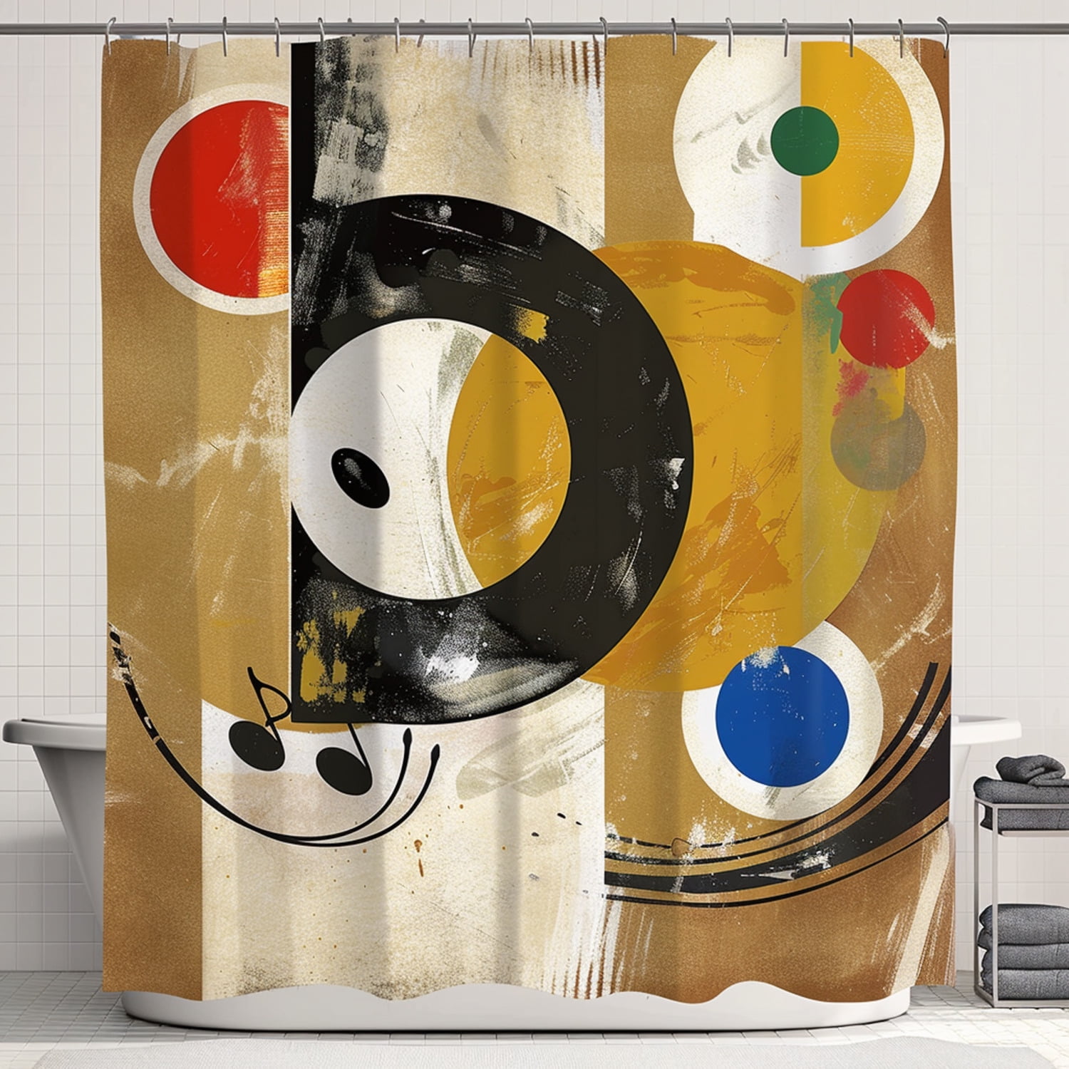 Retro 70s Musical Notes Circle Design Shower Curtain in Beige Yellow ...