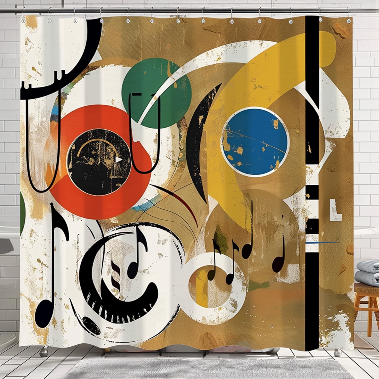 Retro 70s Musical Notes Circle Design Shower Curtain in Beige Yellow ...