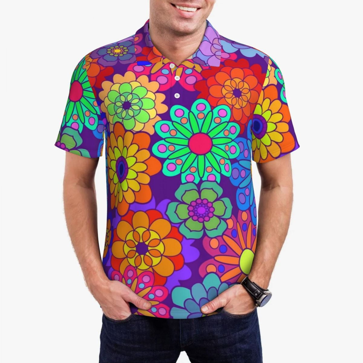 Retro 70s Style Casual T-Shirts Mid-Century Print Polo Shirts Collar ...