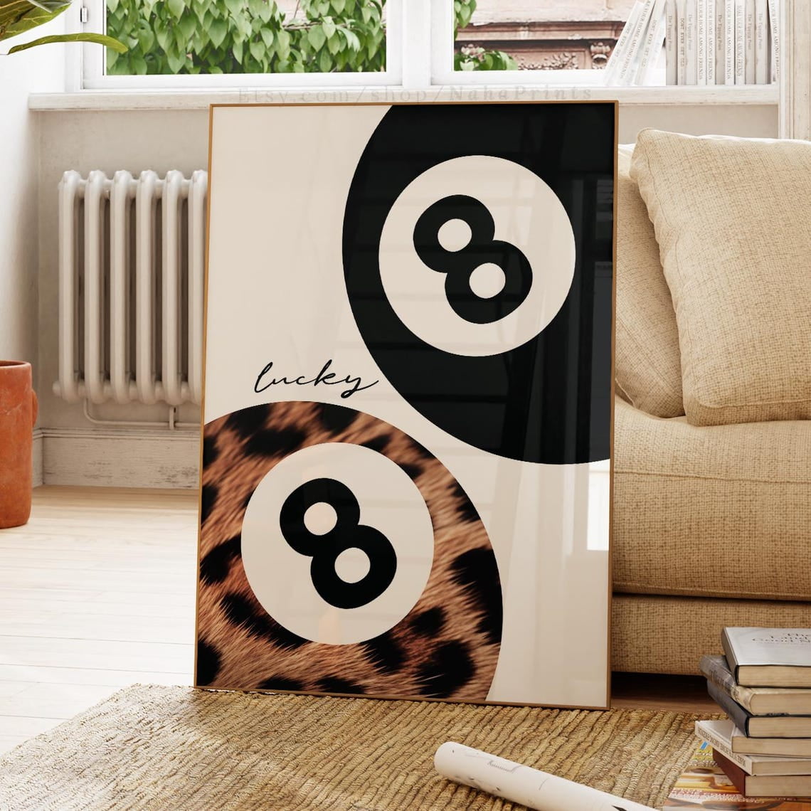 Retro 8 Ball Leopard Poster, Black White Cheetah Print, Black Vintage 8 ...