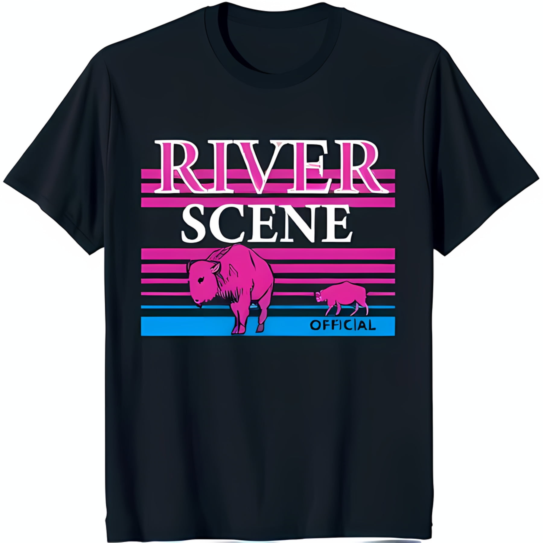 Retro 80's Black T-Shirt with Pink Bison Graphic & 'RIVER SCENE' Text ...