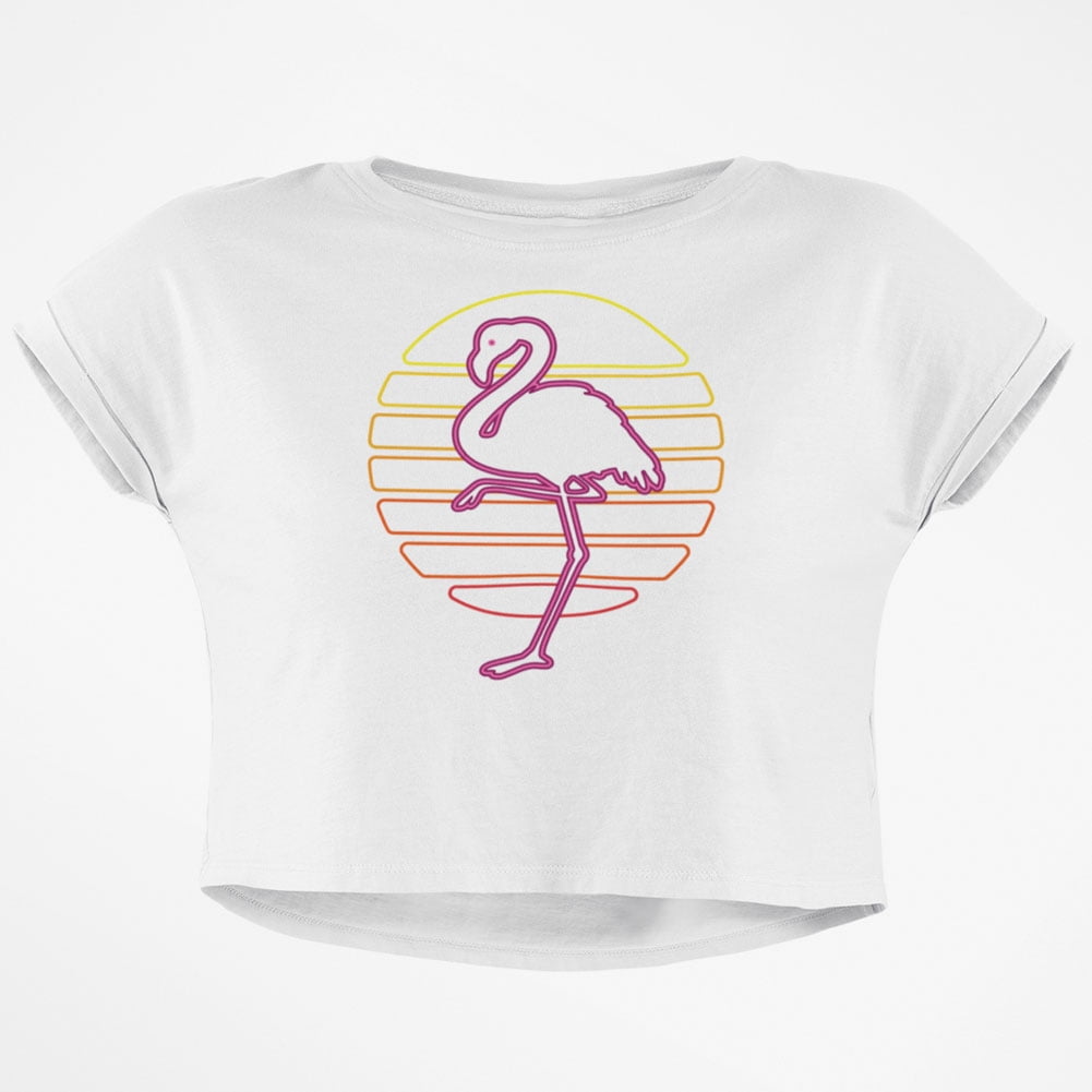 Retro 80s Neon Sign Flamingo Sunset Junior Boxy Crop top T Shirt ...