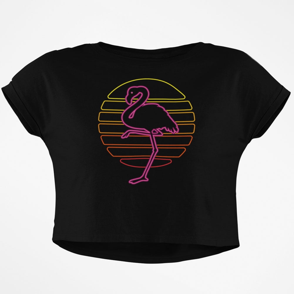 Retro 80s Neon Sign Flamingo Sunset Junior Boxy Crop top T Shirt ...