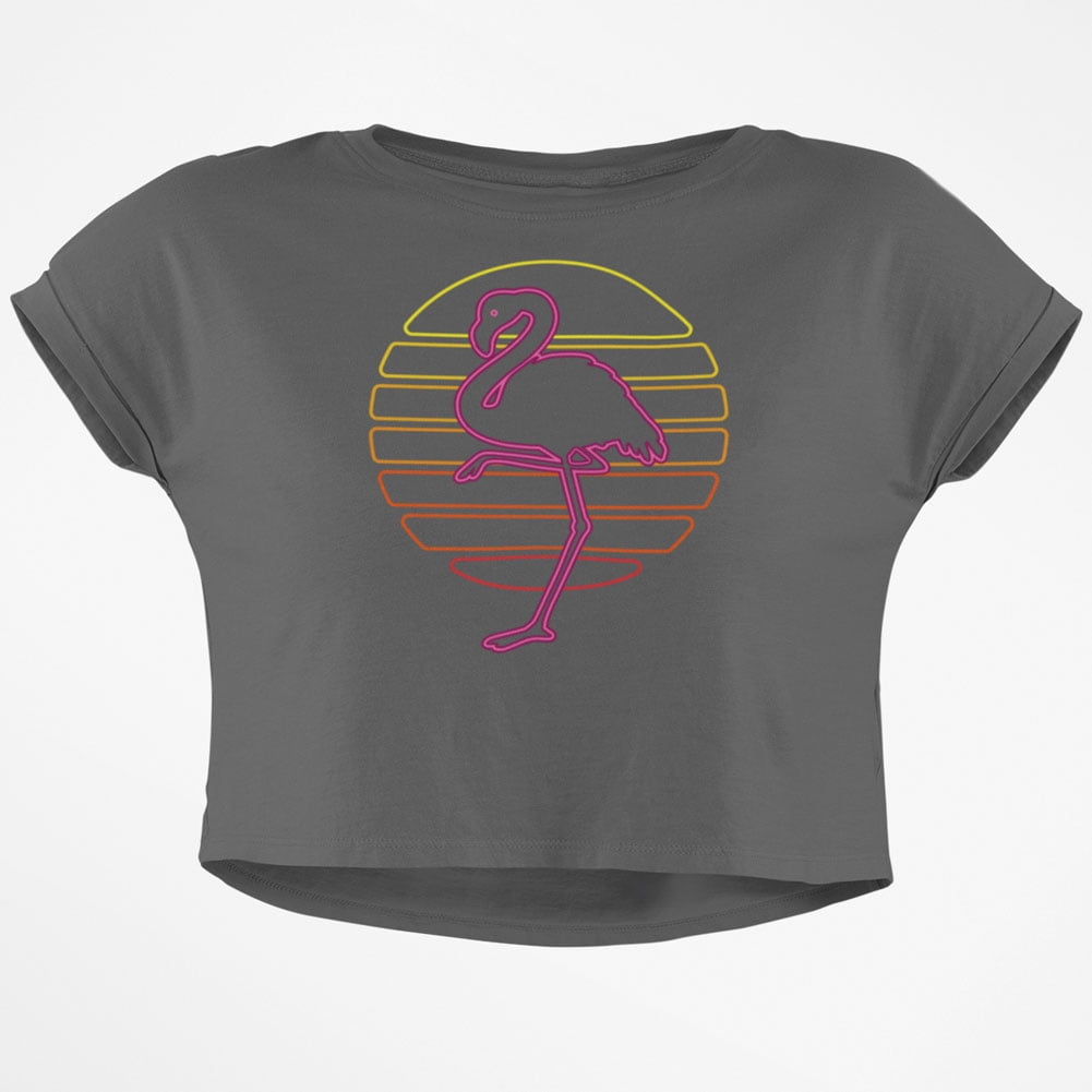 Retro 80s Neon Sign Flamingo Sunset Junior Boxy Crop top T Shirt ...