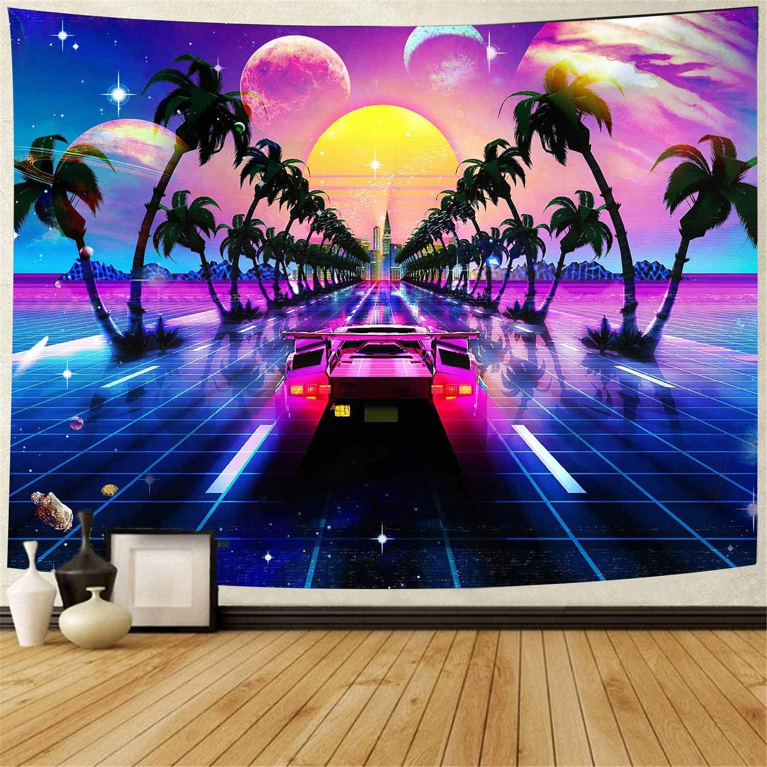 Retro 80s Punk Car Tapestry Japanese Neon City Starry Sky Tapestry Palm ...