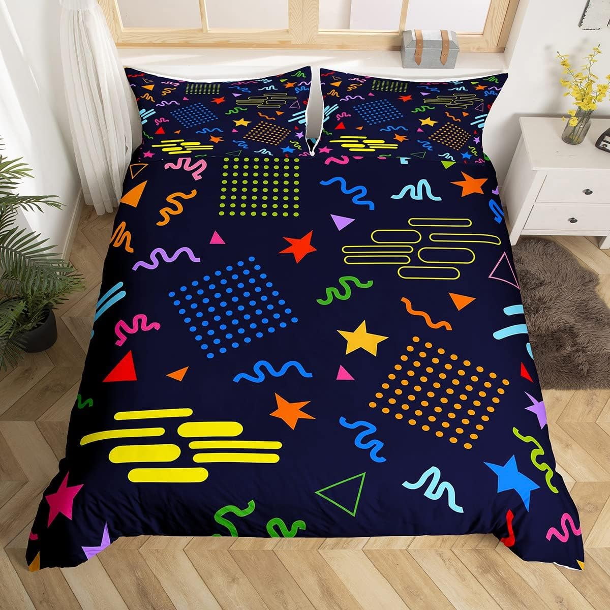 Retro 80s Style Bedding Set Twin Abstract Geometric Pattern Duvet Cover ...
