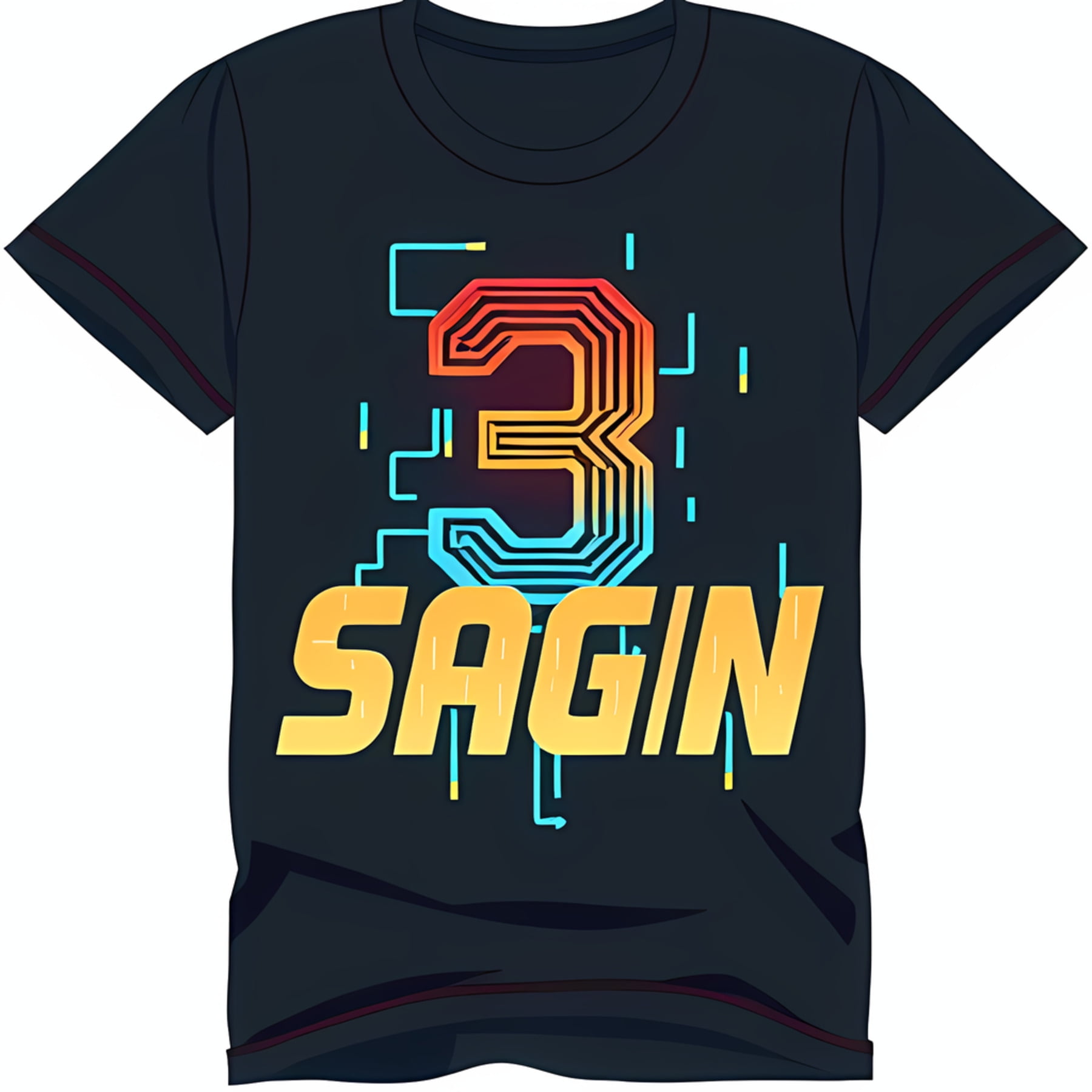 Retro 80s Style Black T-Shirt with Bold Number 3 Graphic & 'SAGIN' Text ...