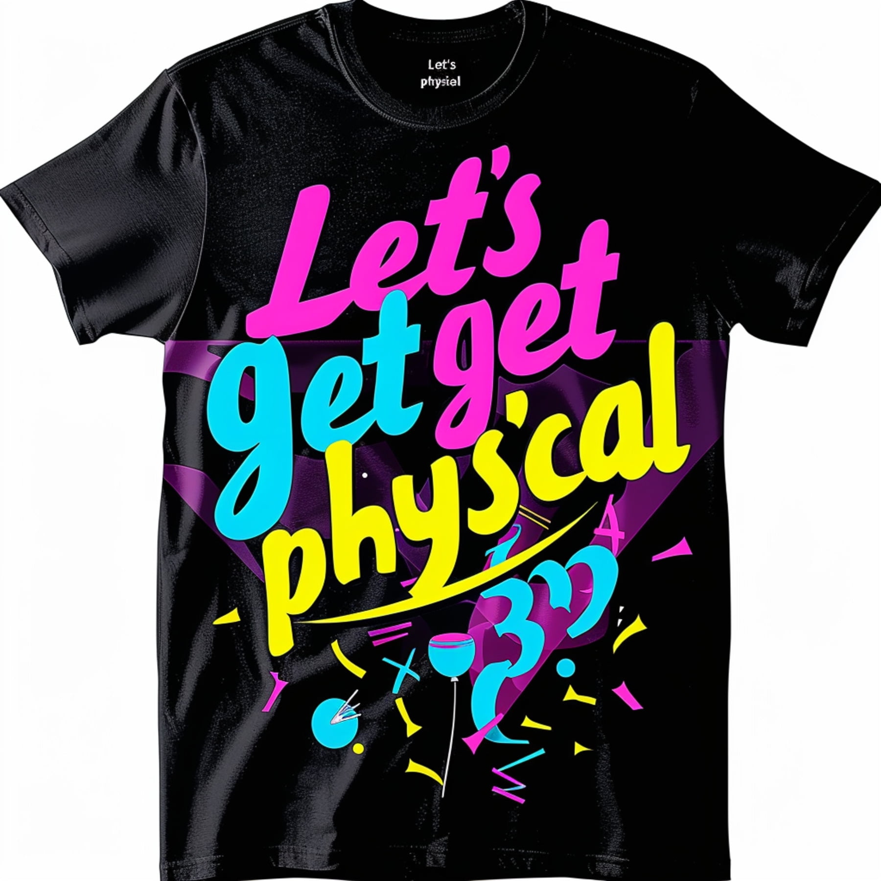 Retro 80s Style 'Let's Get Physical' Black T Shirt with Vibrant Colors ...