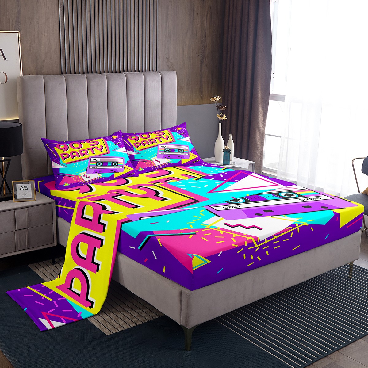 Retro 90S Music Party Sheet Set For Kids Queen,Cassette Tape Geometric ...