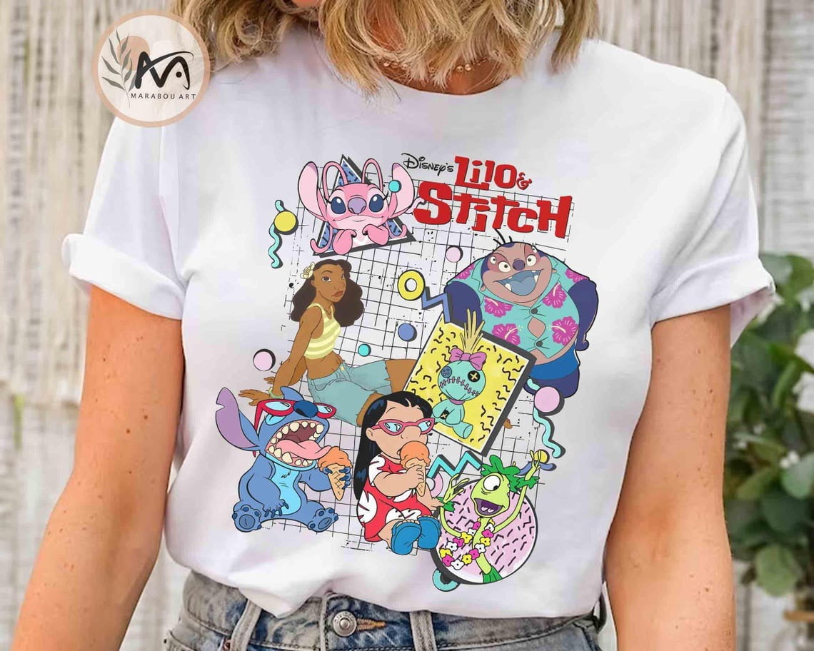 Retro 90s LilOo & StitTch Characters Group T-shirt, New Movie 2025 Tee ...