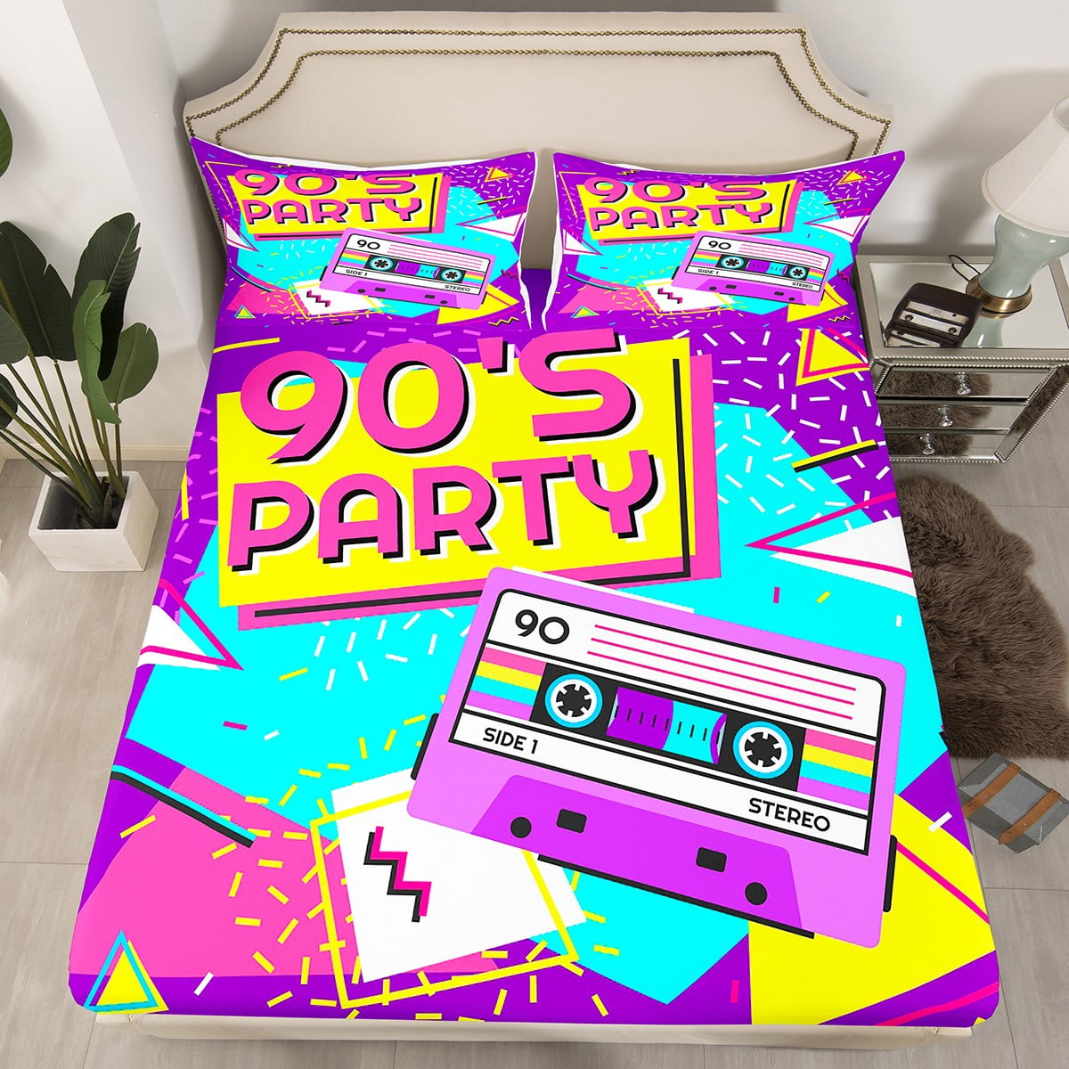 Retro 90s Music Party Bedding Set Queen,Cassette Tape Geometric Memphis ...