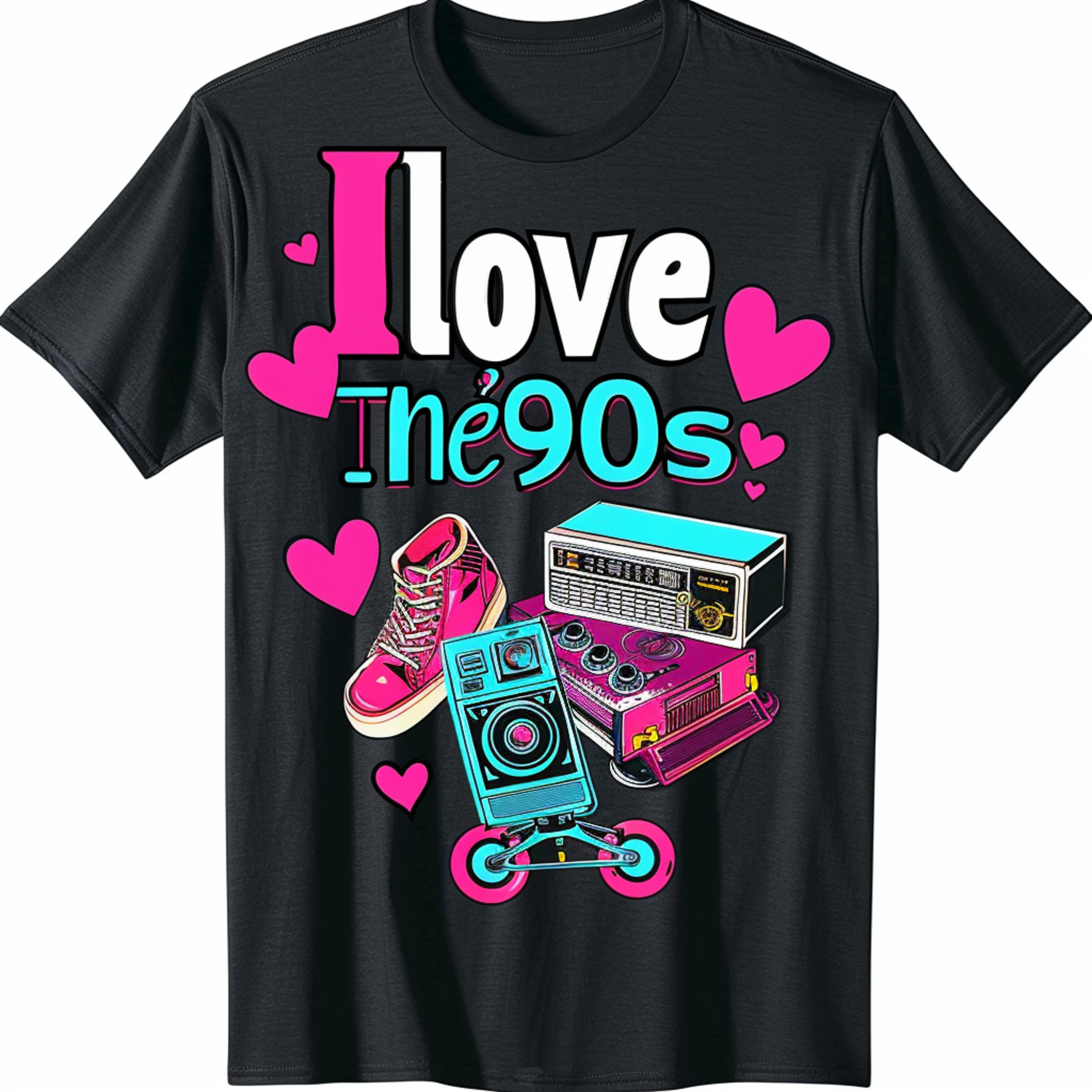 Retro '90s Vibes Black T Shirt Stand Out with Roller Skates Boombox and ...