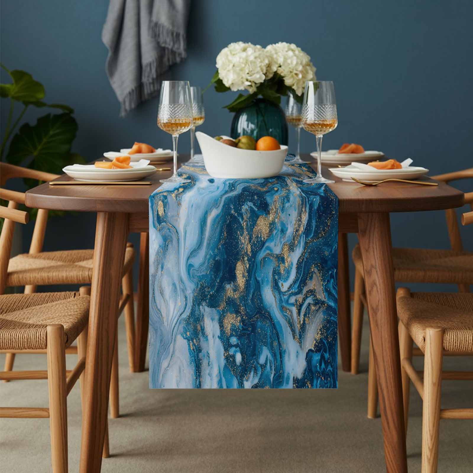 Retro Abstract Blue Marble Stone Table Runner-36 Inch Long Modern ...