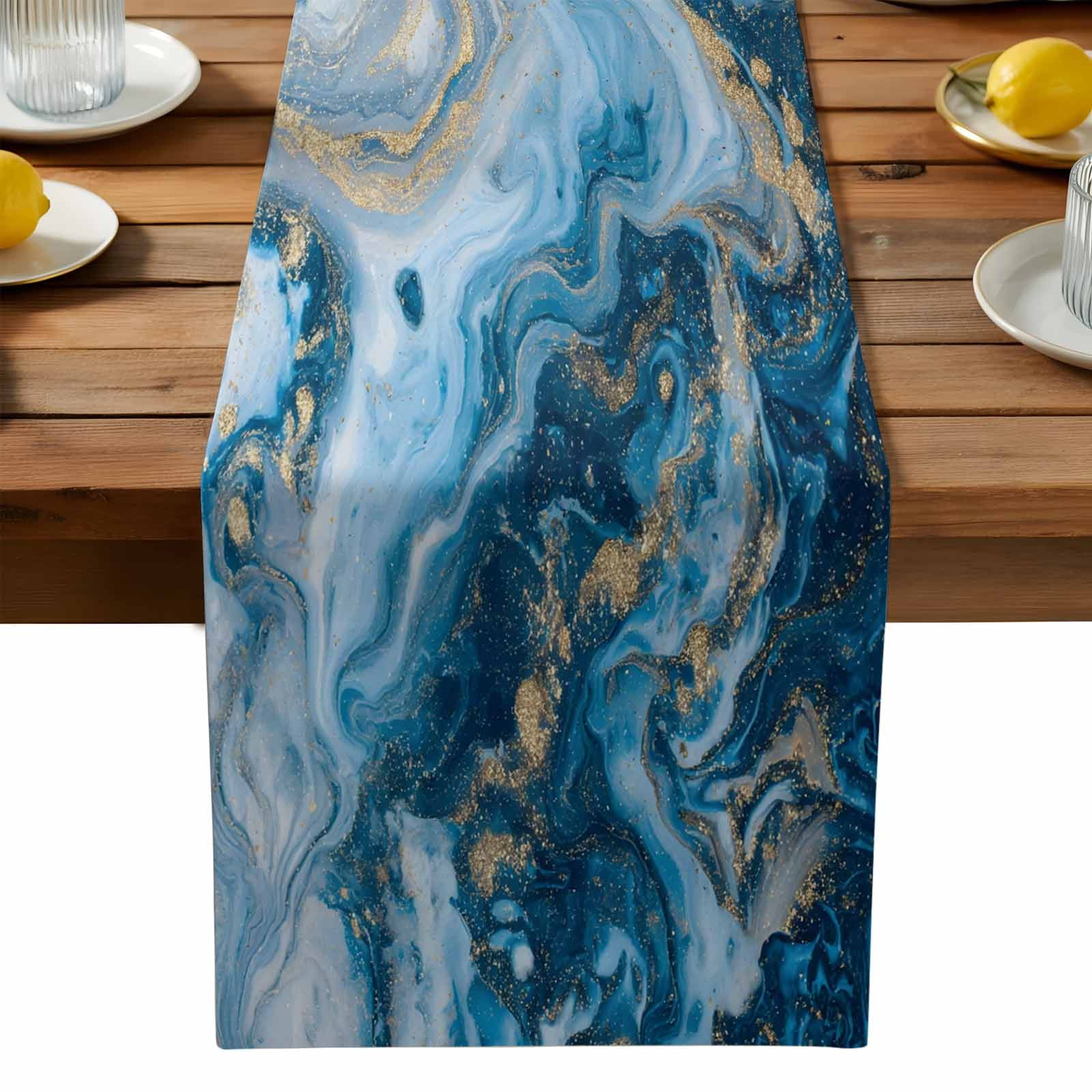 Retro Abstract Blue Marble Stone Table Runners 13x70 Inches Long Linen ...