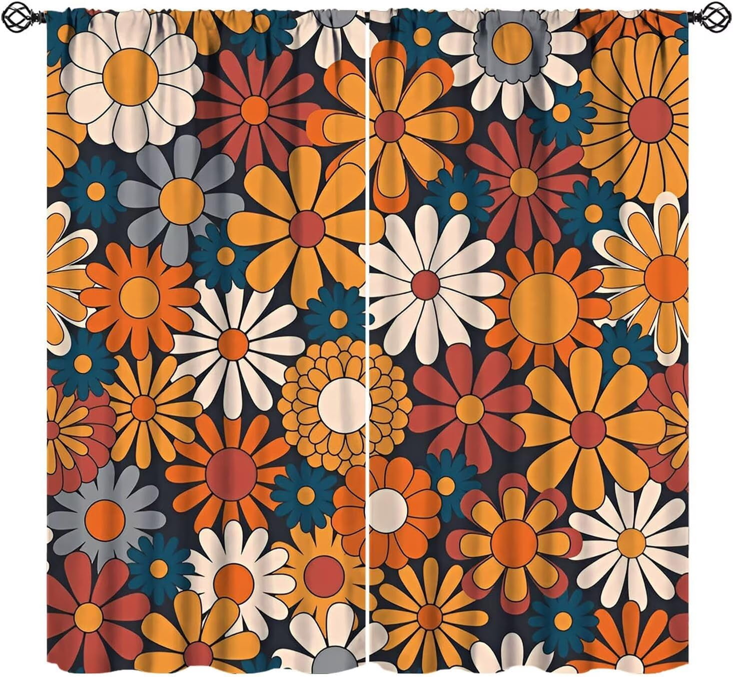 Retro Abstract Flower Curtains, Vintage Colorful Groovy Geometric ...