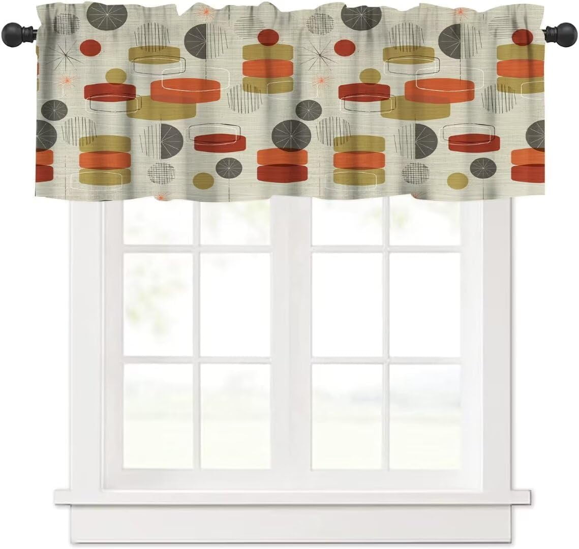 Retro Abstract Geometric Kitchen Valance Curtain, Vintage Shapes Stars ...