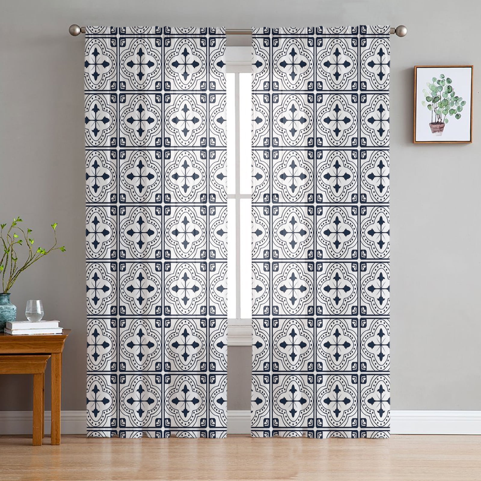 Retro Abstract Line Circles Line Square Texture Tulle Curtains Modern ...