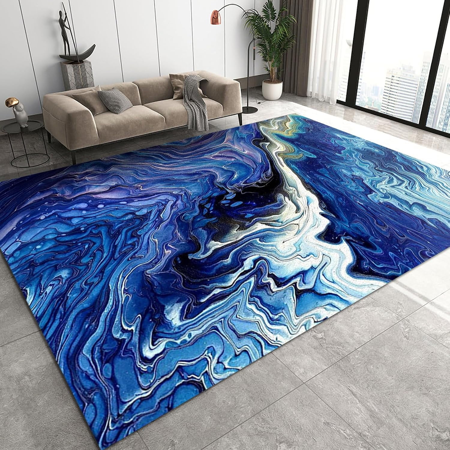 Retro Abstract Marble Area Rugs, Blue And White Curved Oil Painting ...