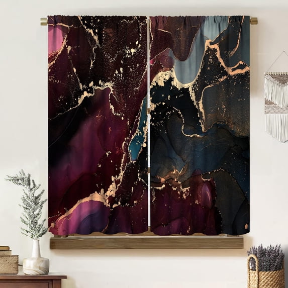 Retro Abstract Marble Blackout Curtains, Dark Green Red Gold Veins Rod ...