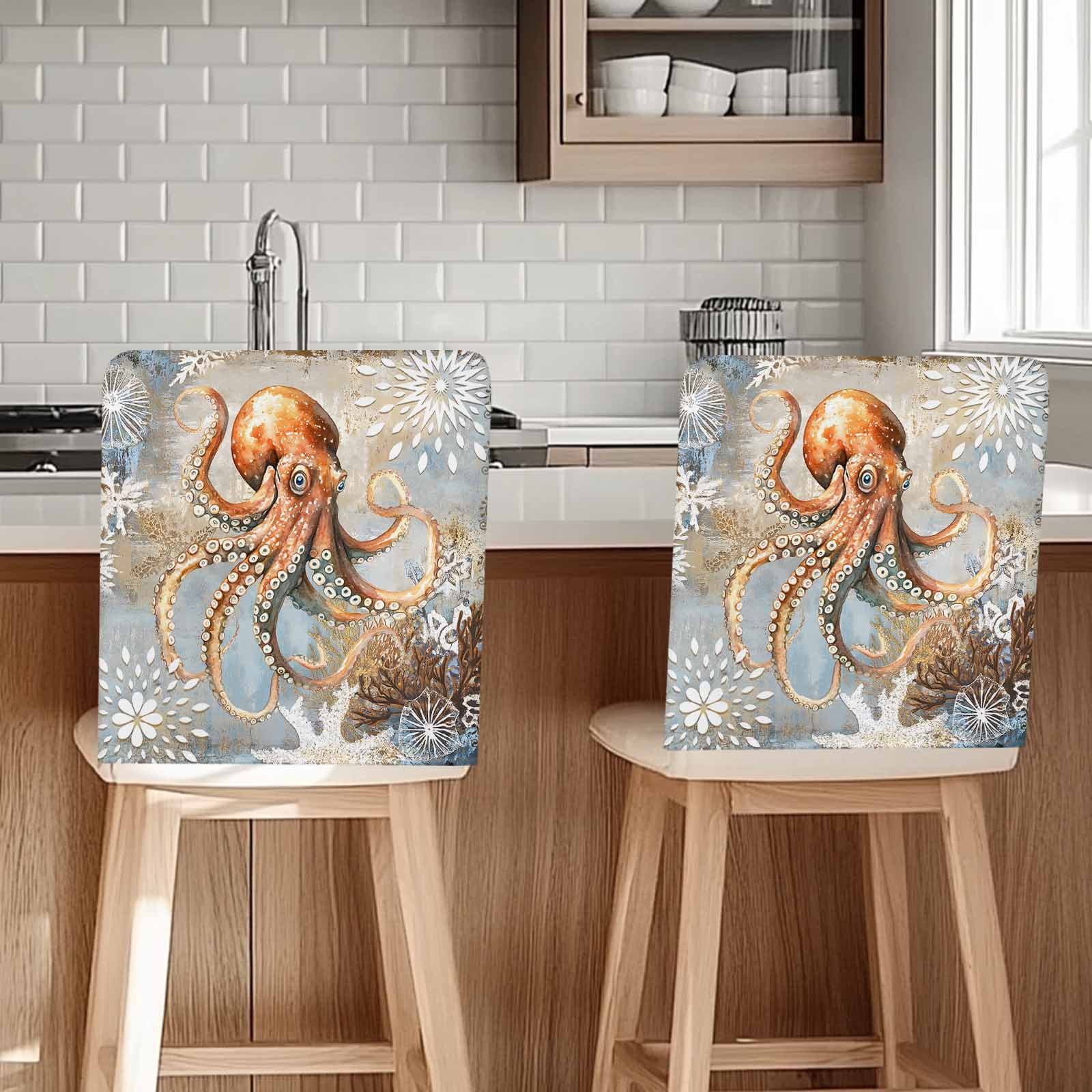 Retro Abstract Ocean Octopus Chair Covers Set of 8 Marine Life Starfish ...