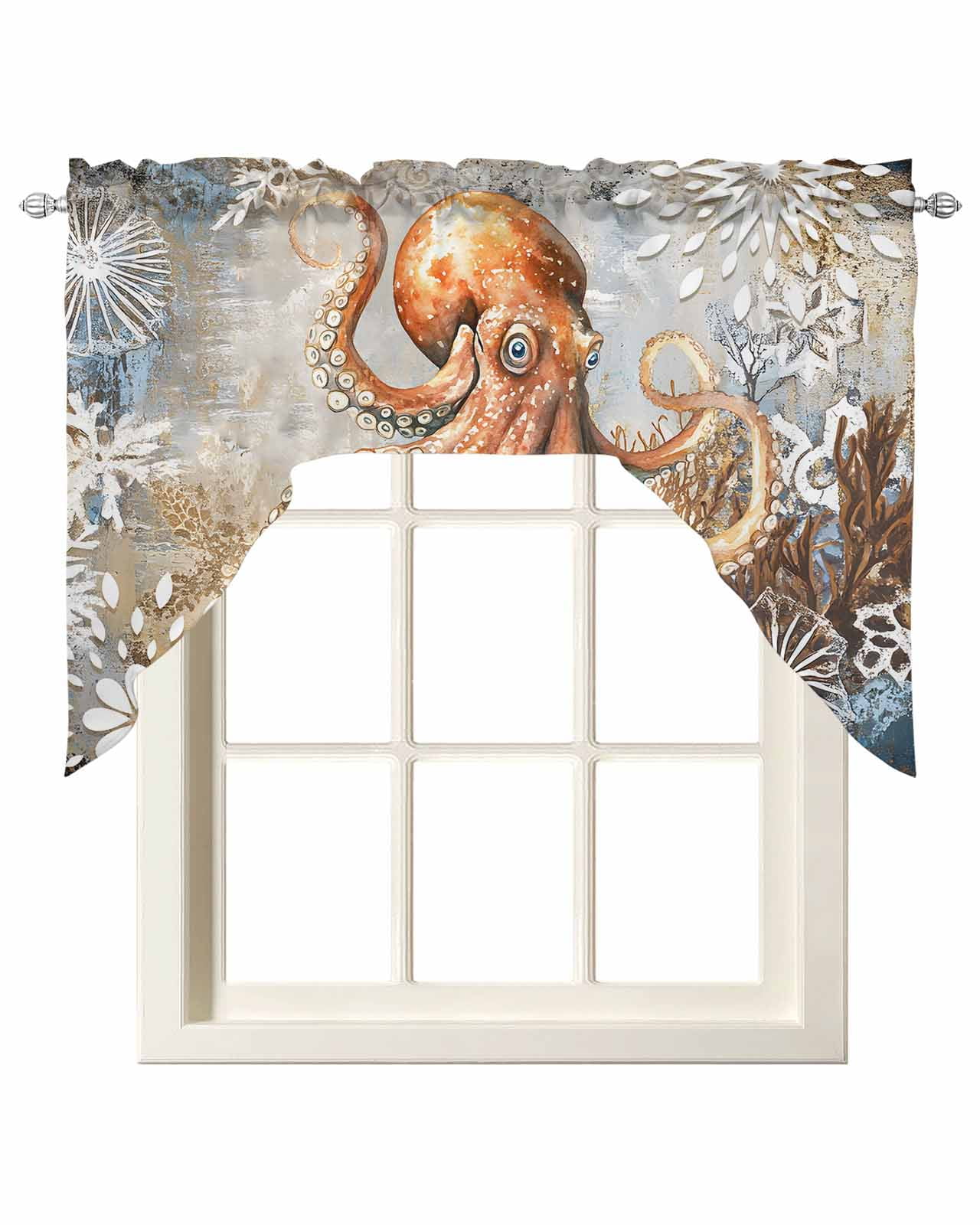 Retro Abstract Ocean Octopus Swag Valance and Tier Curtains Set Marine ...