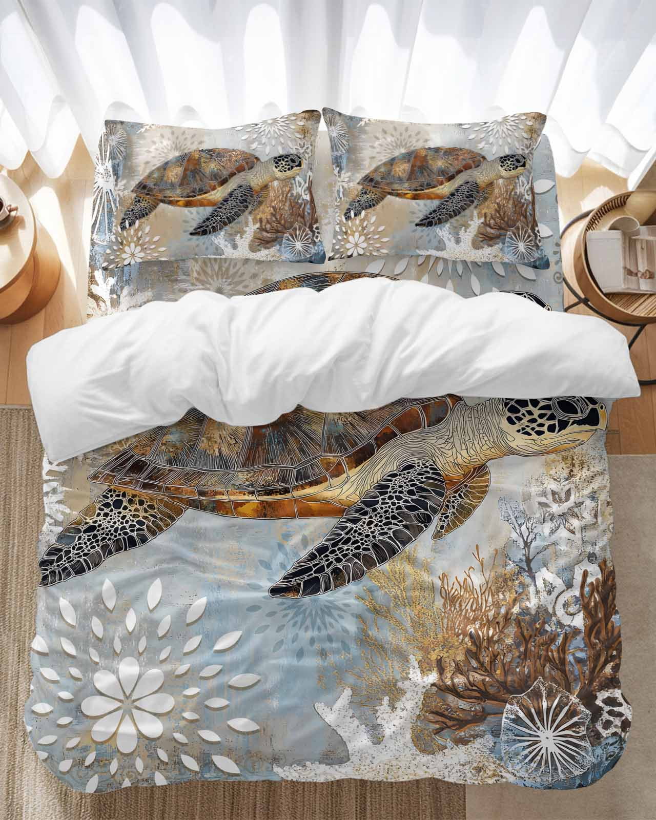 Retro Abstract Ocean Turtle Bedding Duvet Cover Set Full Size 4 Pieces ...