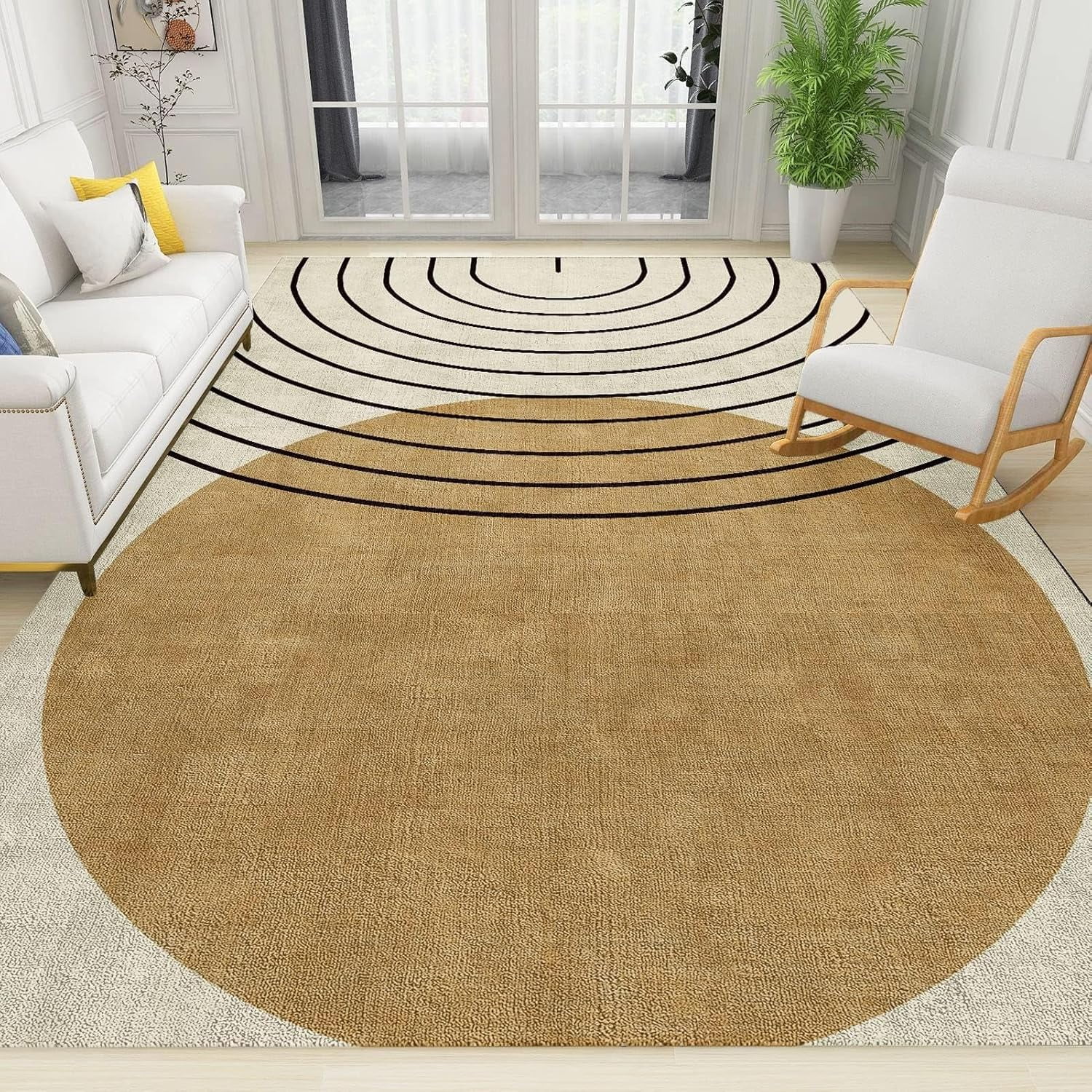 Retro Abstract Orange Yellow Sun Living Room Rug, Bohemian Black Curved ...