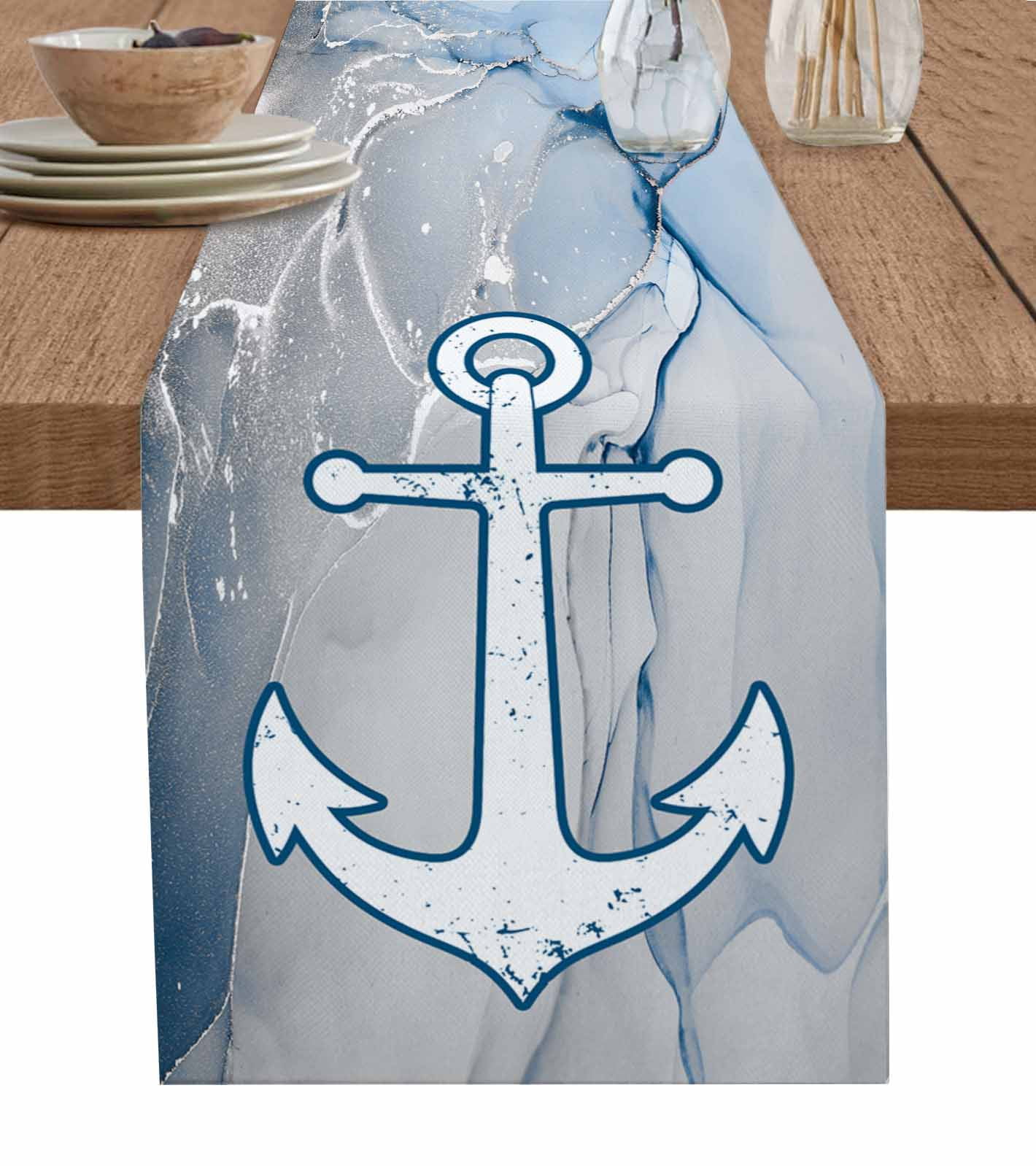 Retro Abstract Paint Boat Anchor Pink Blue Fluid Art Table Runner ...