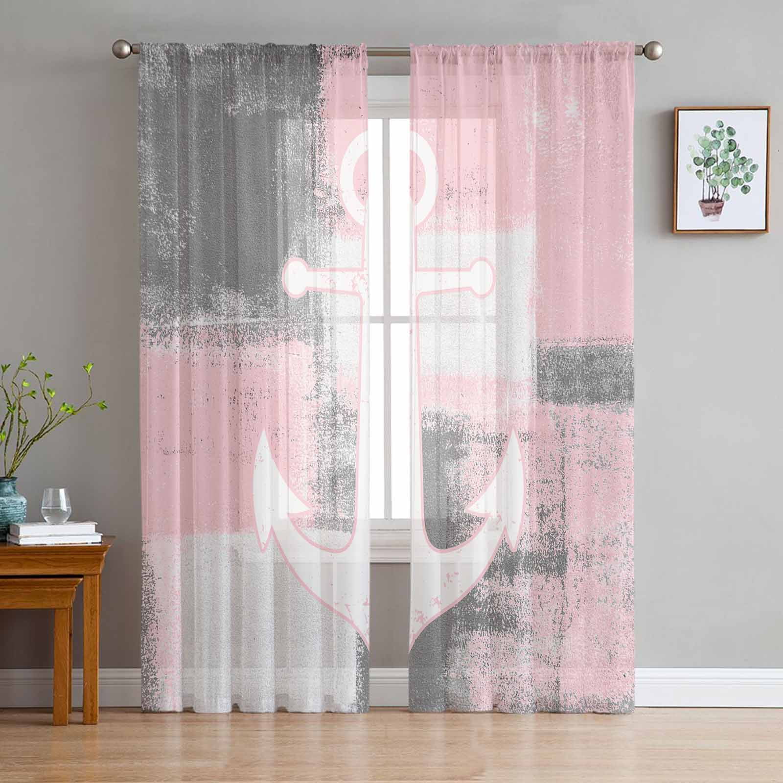 Retro Abstract Paint Ship Anchor Pink Tulle Sheer Curtain Living Room ...