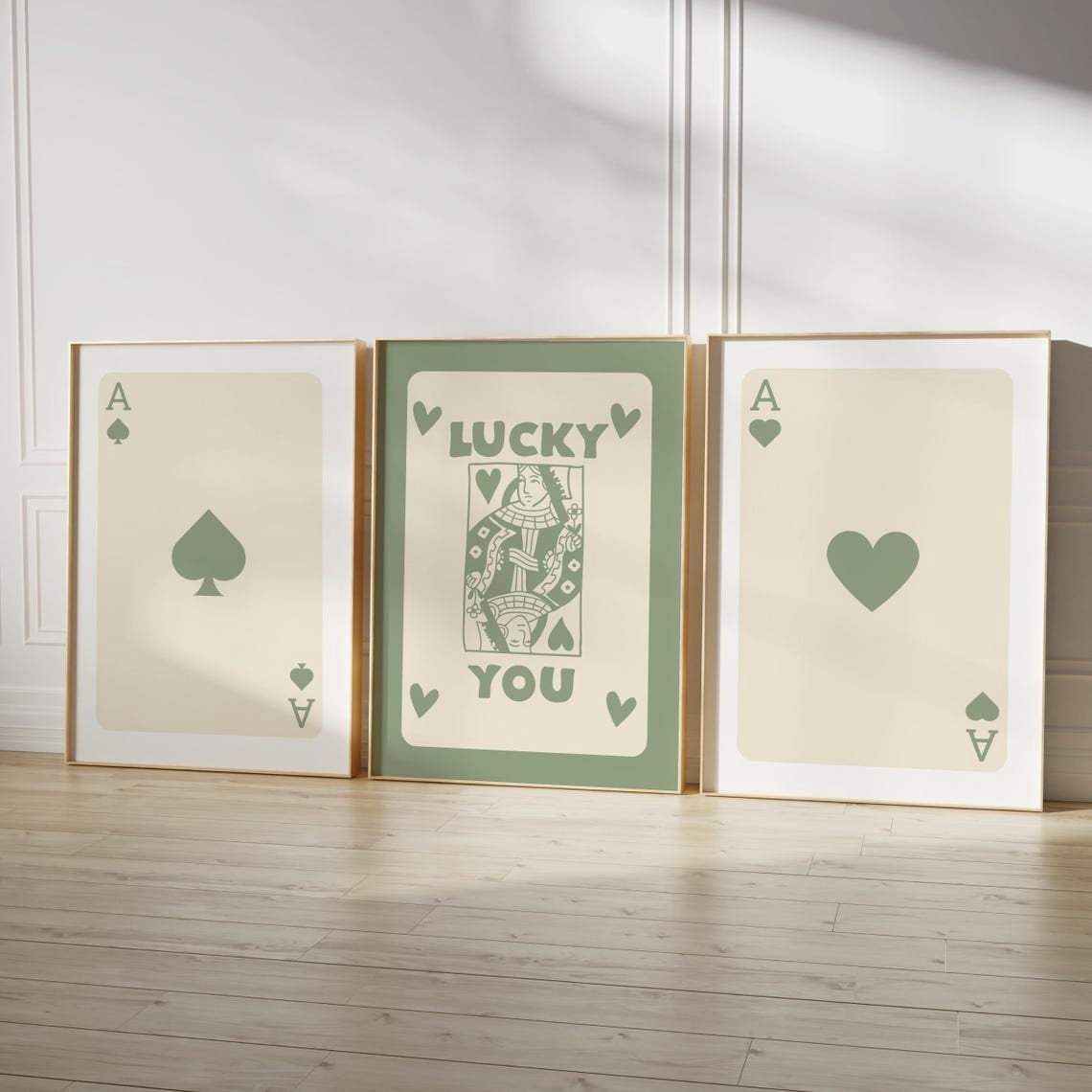 Retro Ace Card Print Sage Green Trendy Wall Art Set 3 Unframed Paper ...