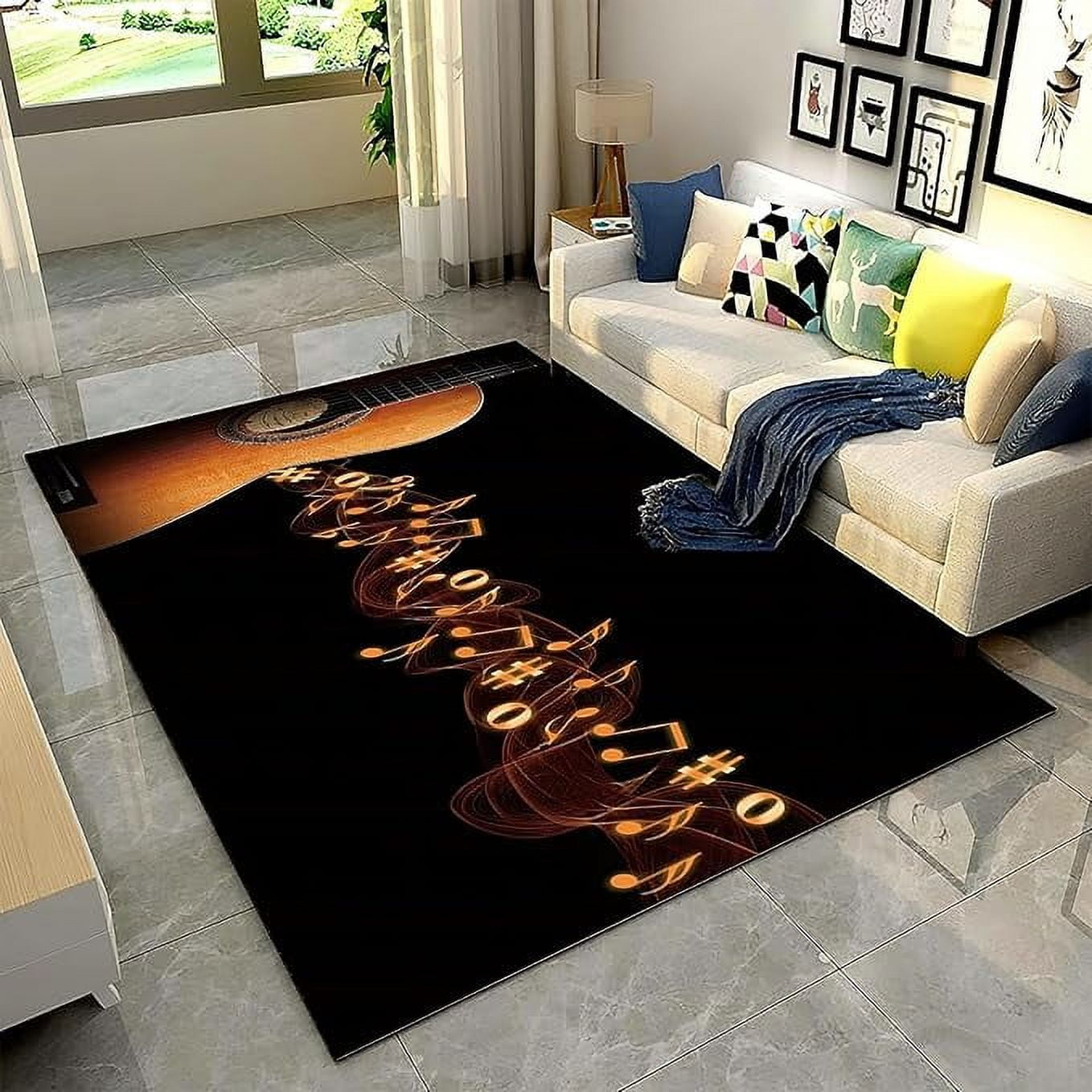 Retro Acoustic Guitar Small Area Rugs Entryway Mats, Jumping Notes ...