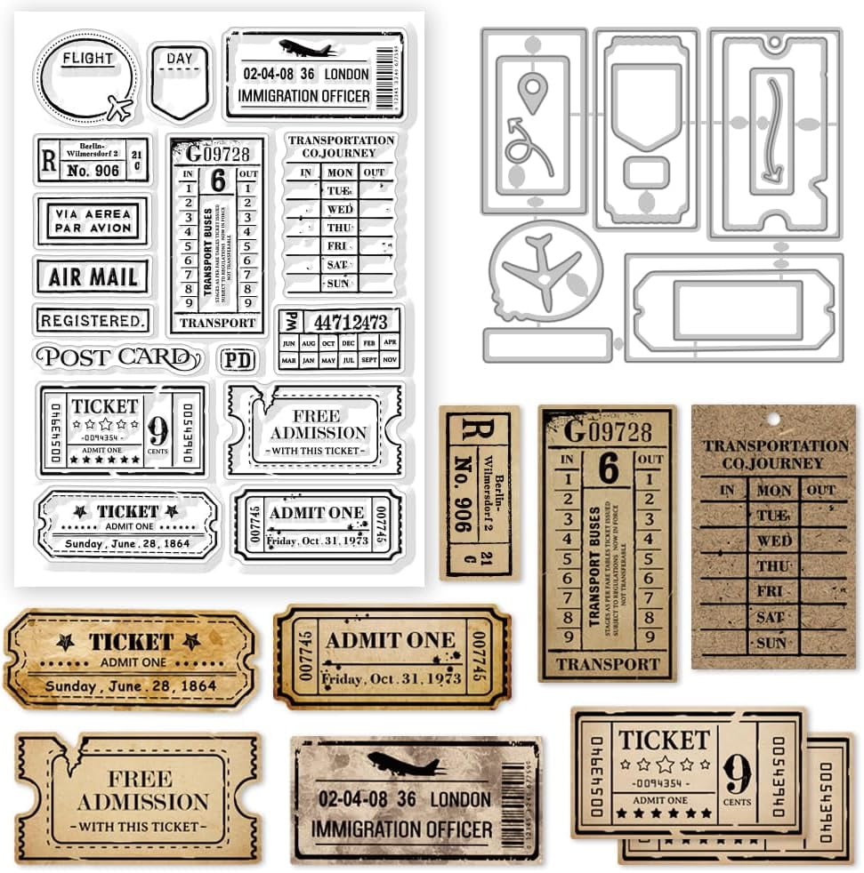 Retro Air Travel Ticket Clear Stamp Plane Postcard Cutting Dies Set ...