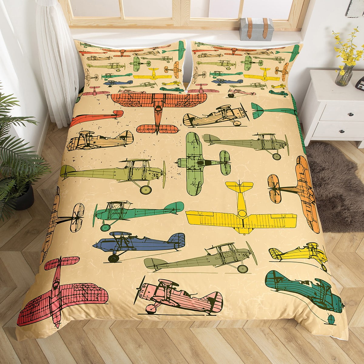 Retro Airplane Bedding Set Twin Size Vintage Propeller Airplane Duvet ...