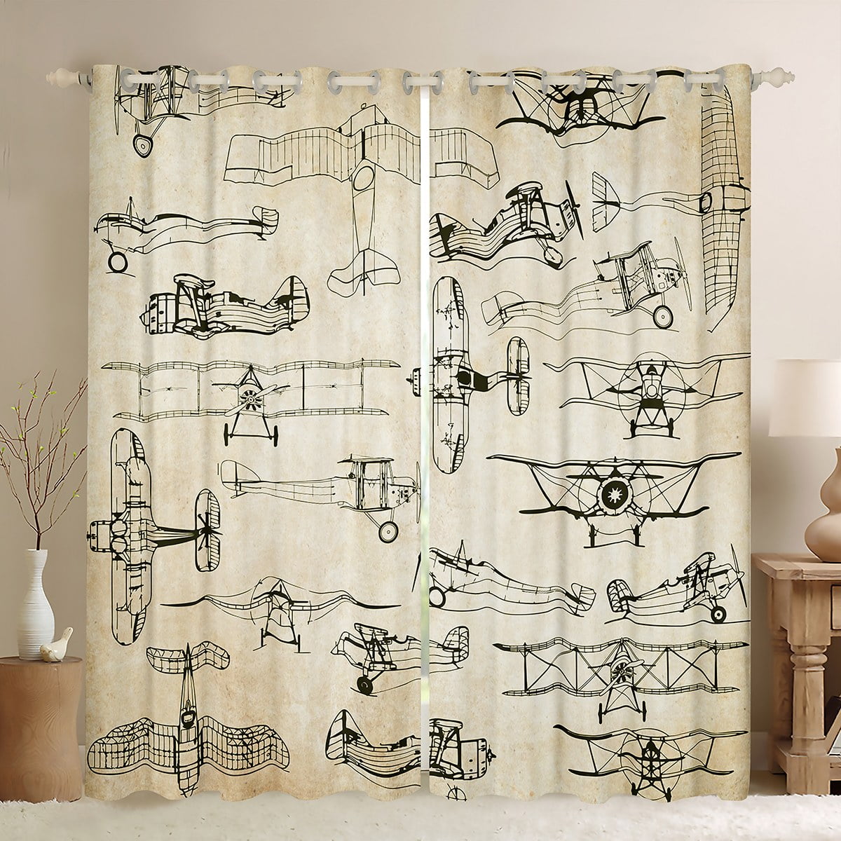 Retro Airplane Curtains 52"x63" Set of 2 Panels,Propeller Airplane ...