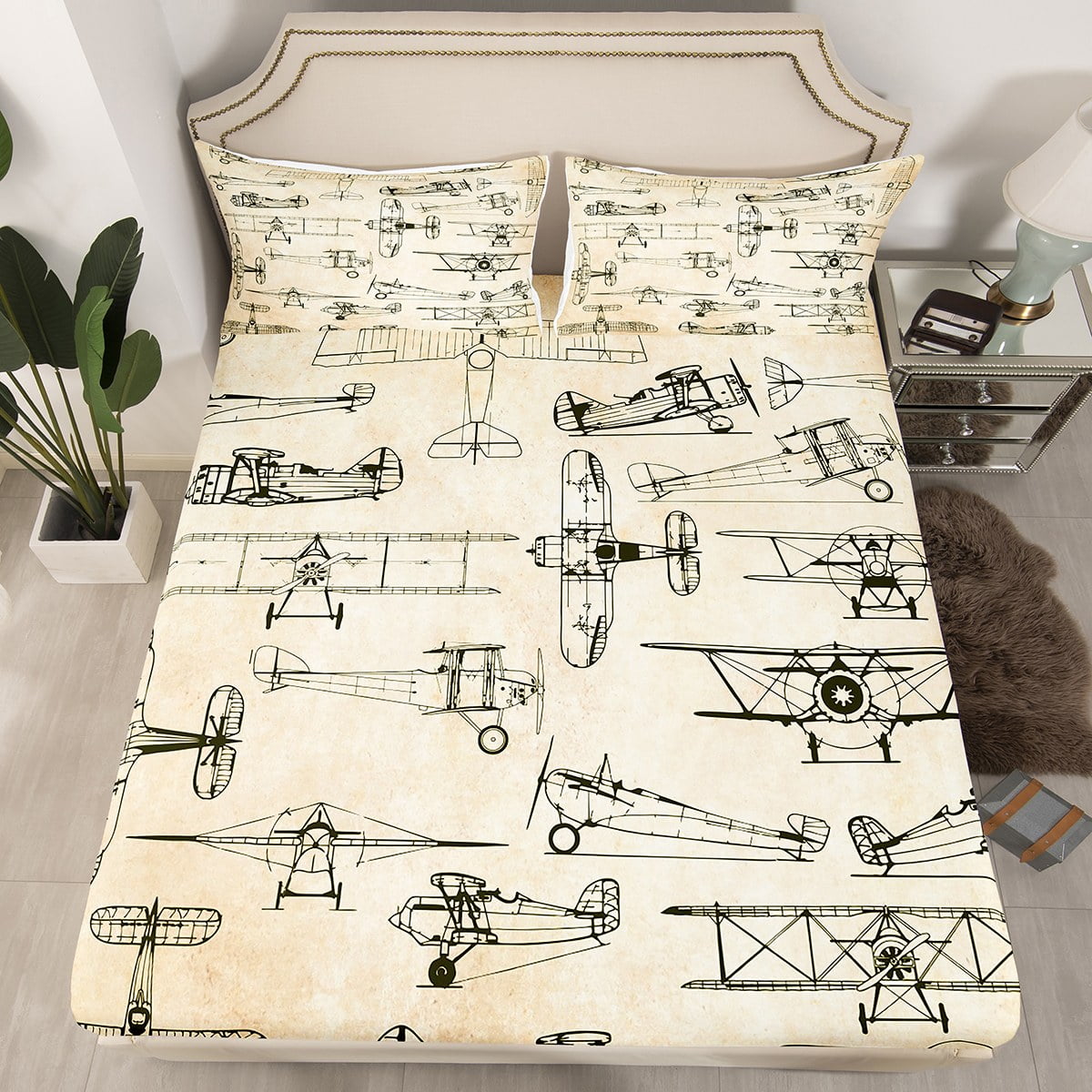 Retro Airplane Fitted Sheet Queen Size,Propeller Airplane Bed Sheets ...